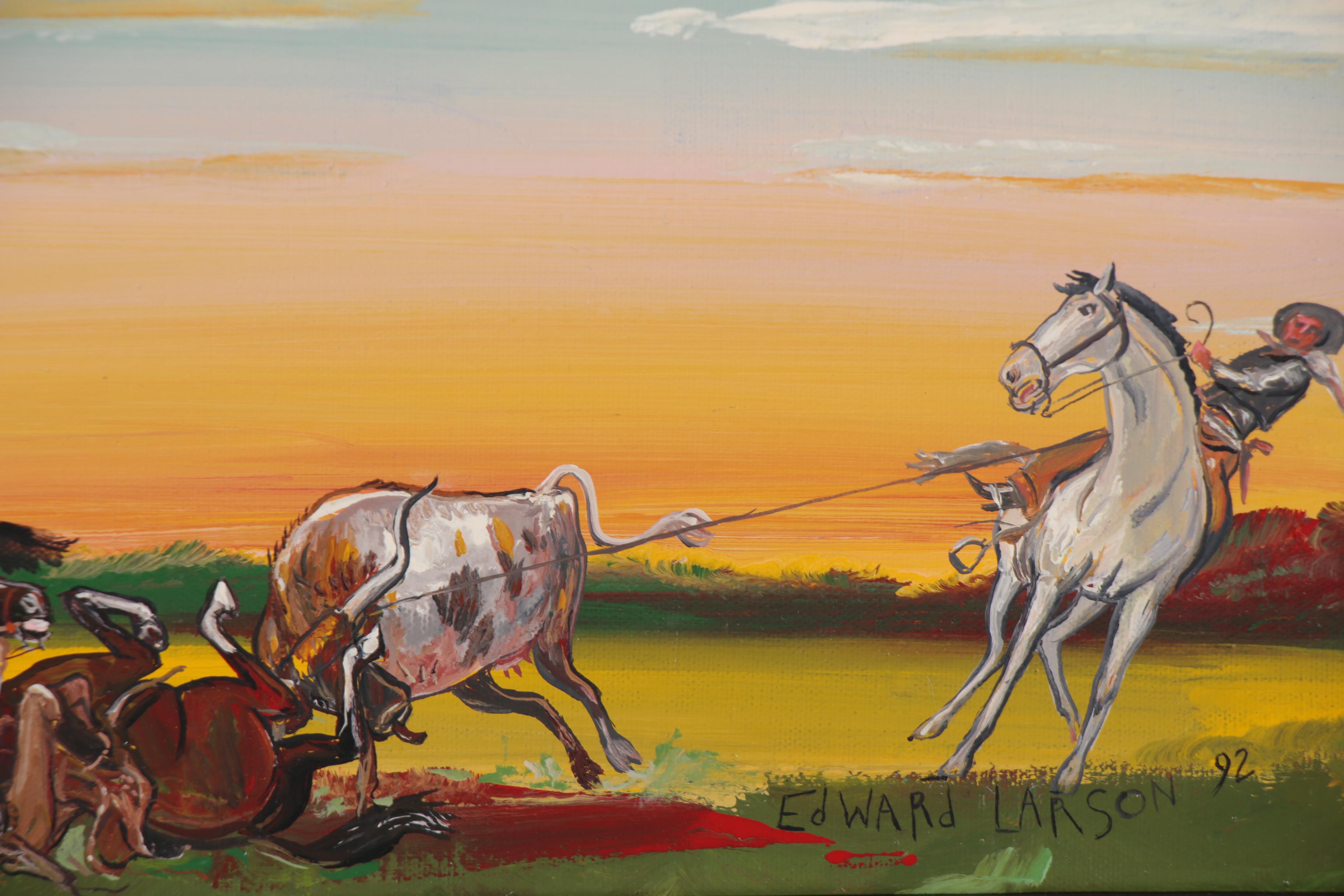 Edward Larson Oil Painting of Cowboy Roundup, 1992 | EBTH