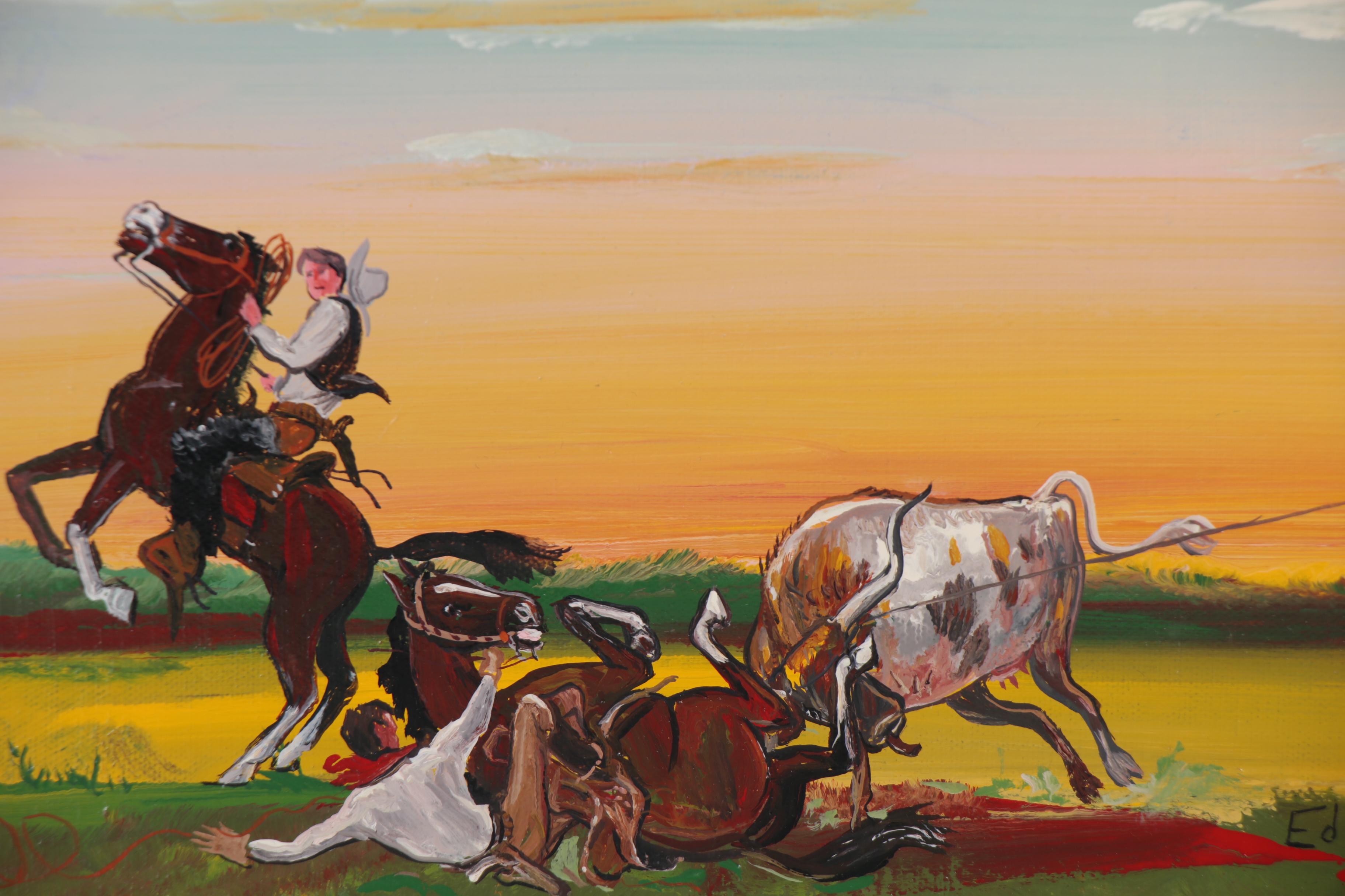 Edward Larson Oil Painting of Cowboy Roundup, 1992 | EBTH