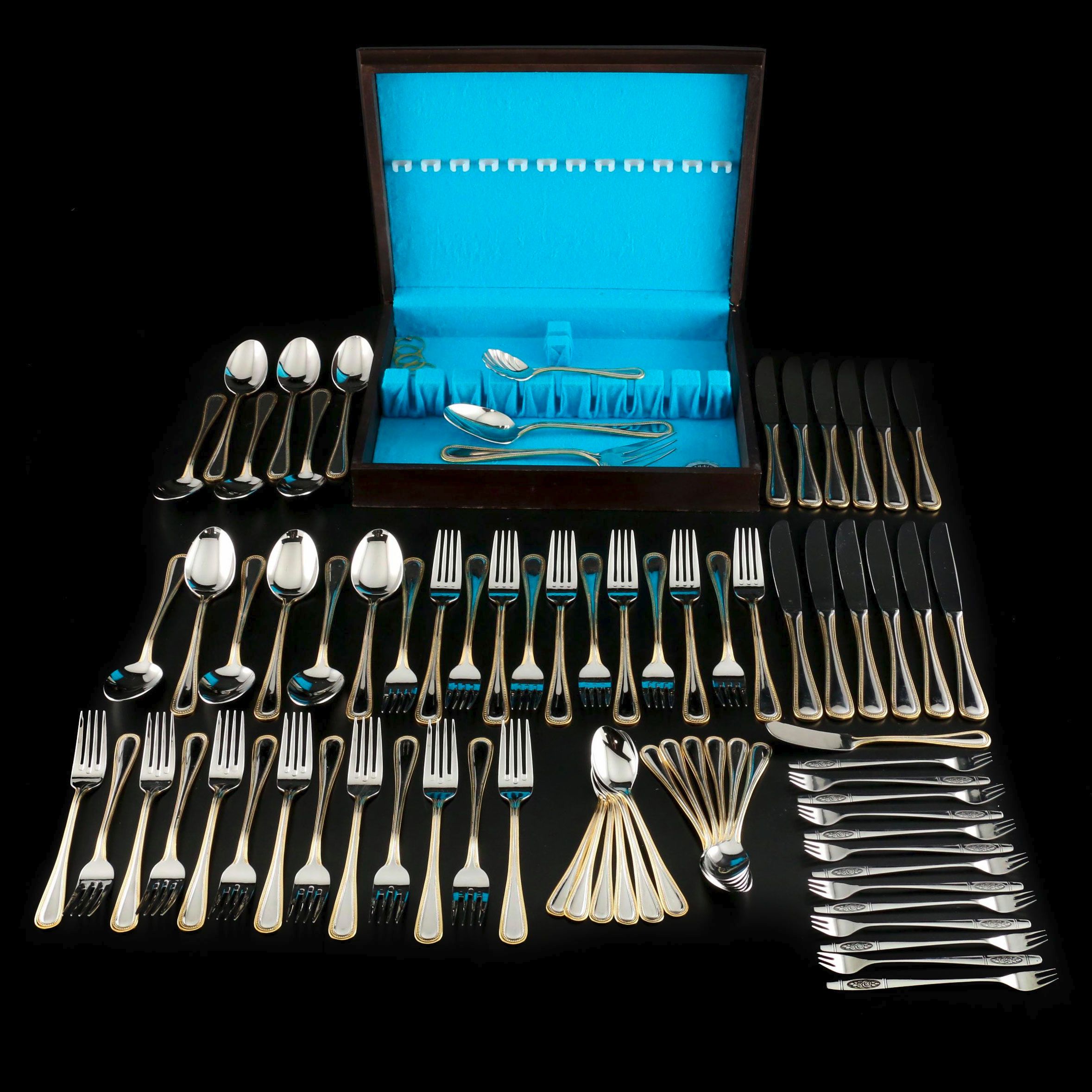 Wallace Stainless Steel "Gold Royal Bead" Flatware with Chest | EBTH