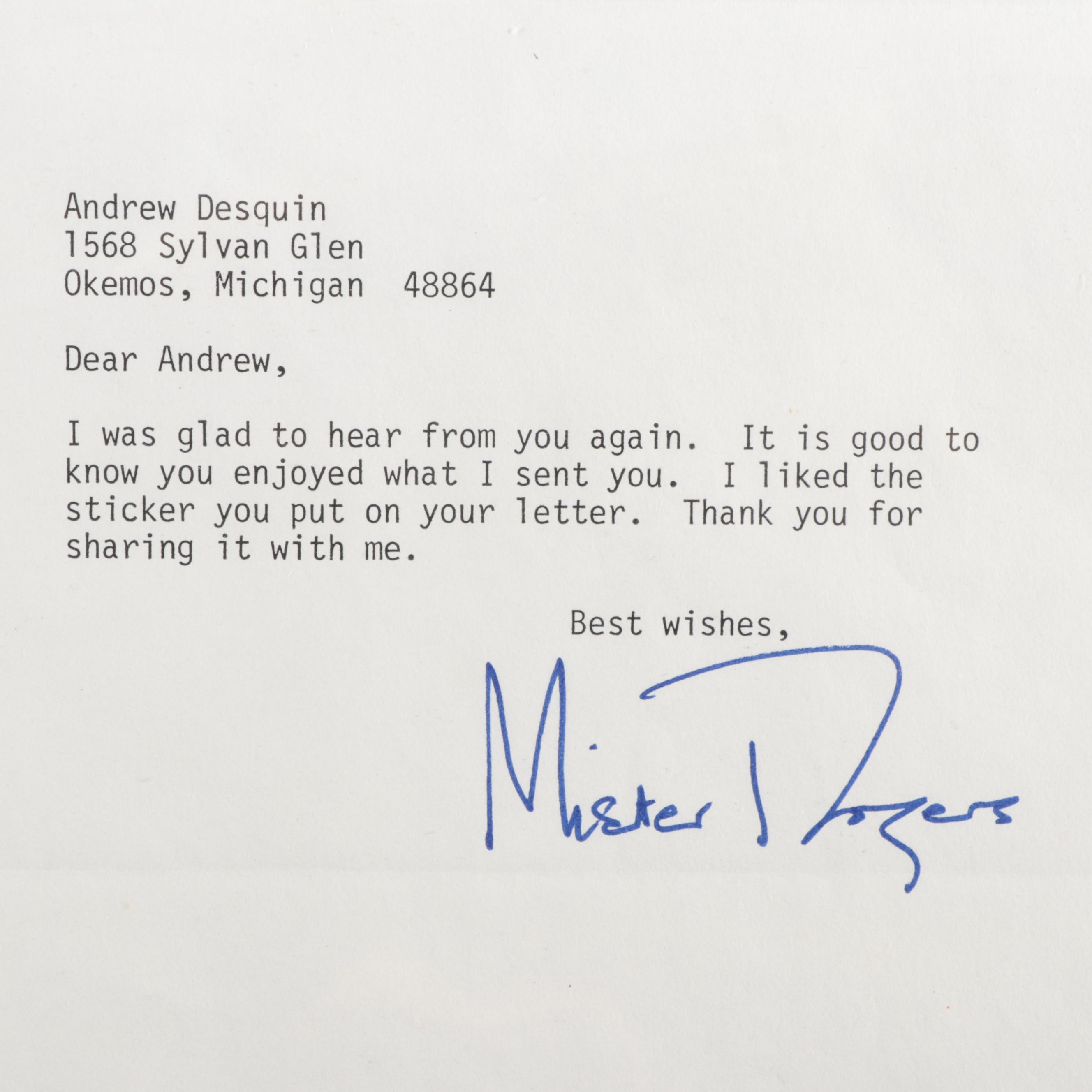 Mister Rogers Signed Typed Letter, Visual COA | EBTH