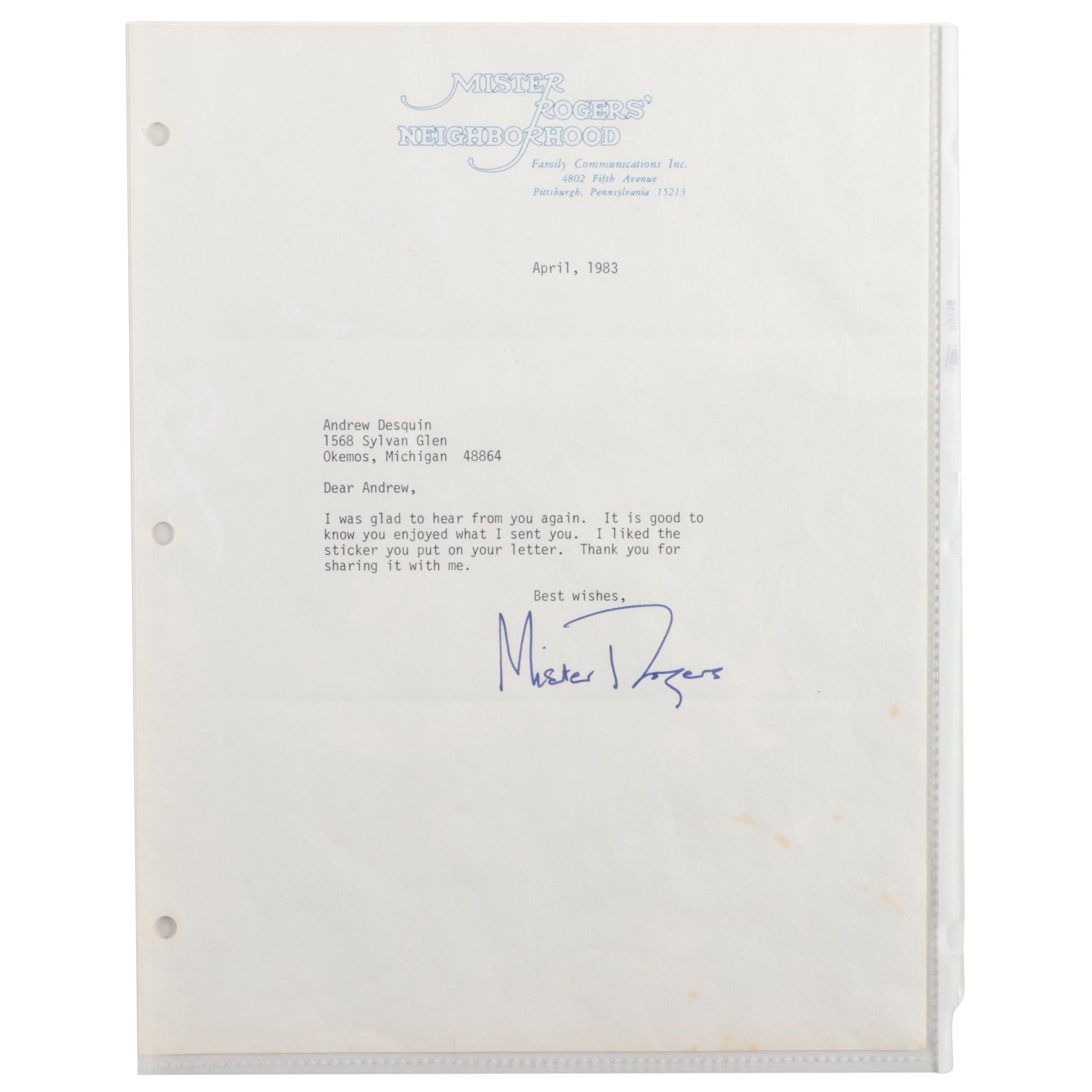 Mister Rogers Signed Typed Letter, Visual COA | EBTH
