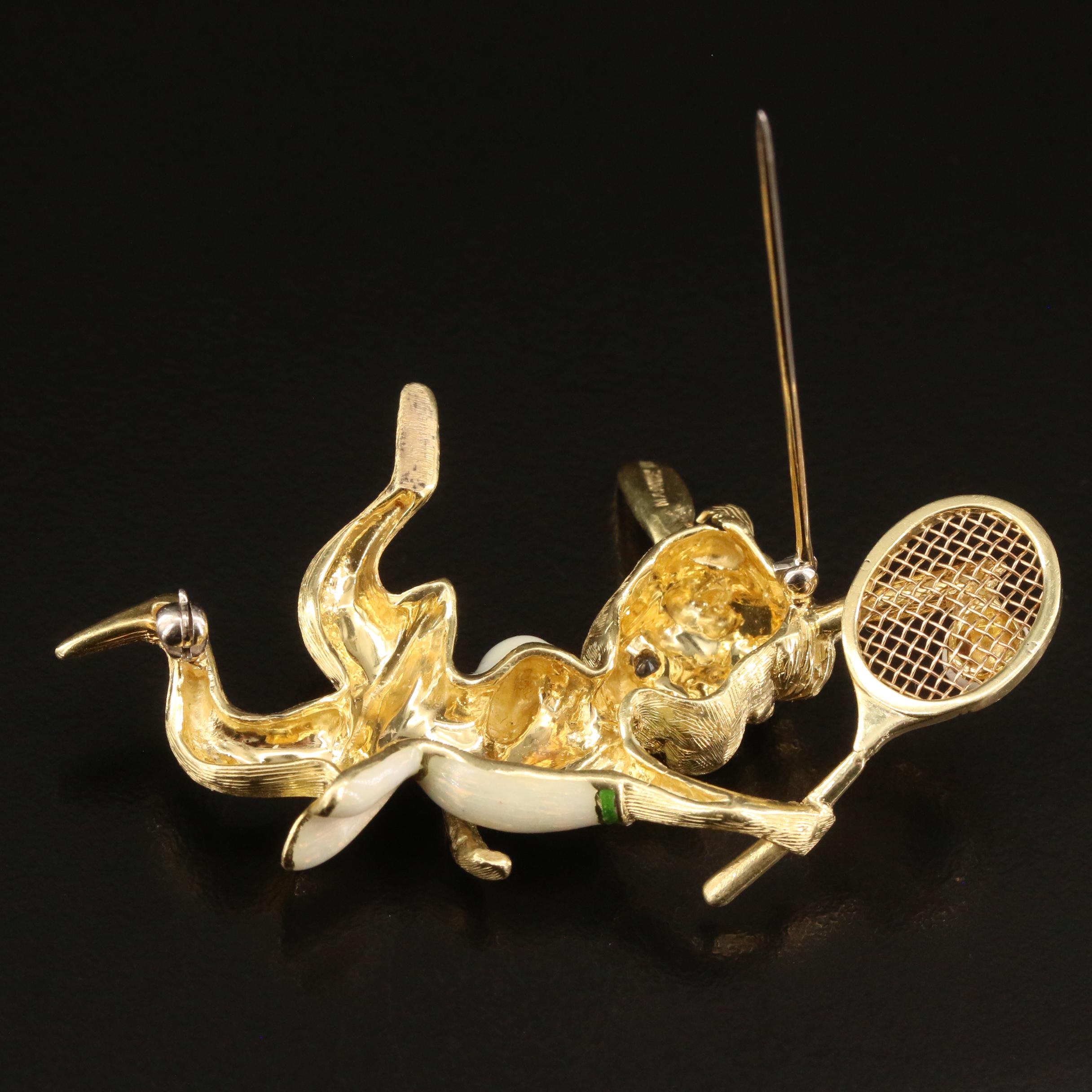 18K Sapphire and Enamel Signed Tennis Playing Rabbit Brooch | EBTH