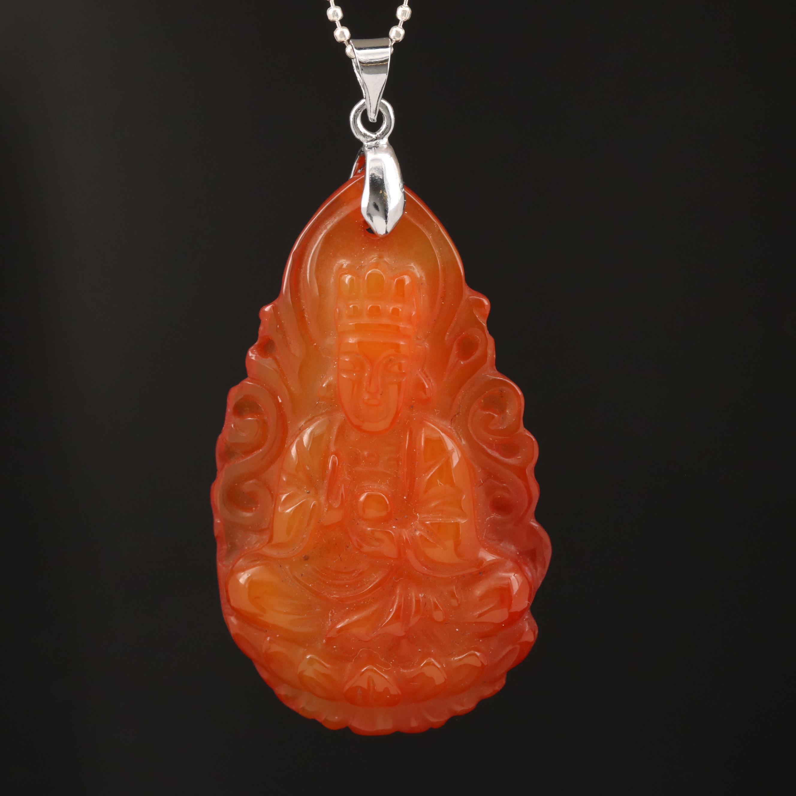 Carved Wood and Diamond Quan Yin Pendant with Sterling Link Chain | EBTH