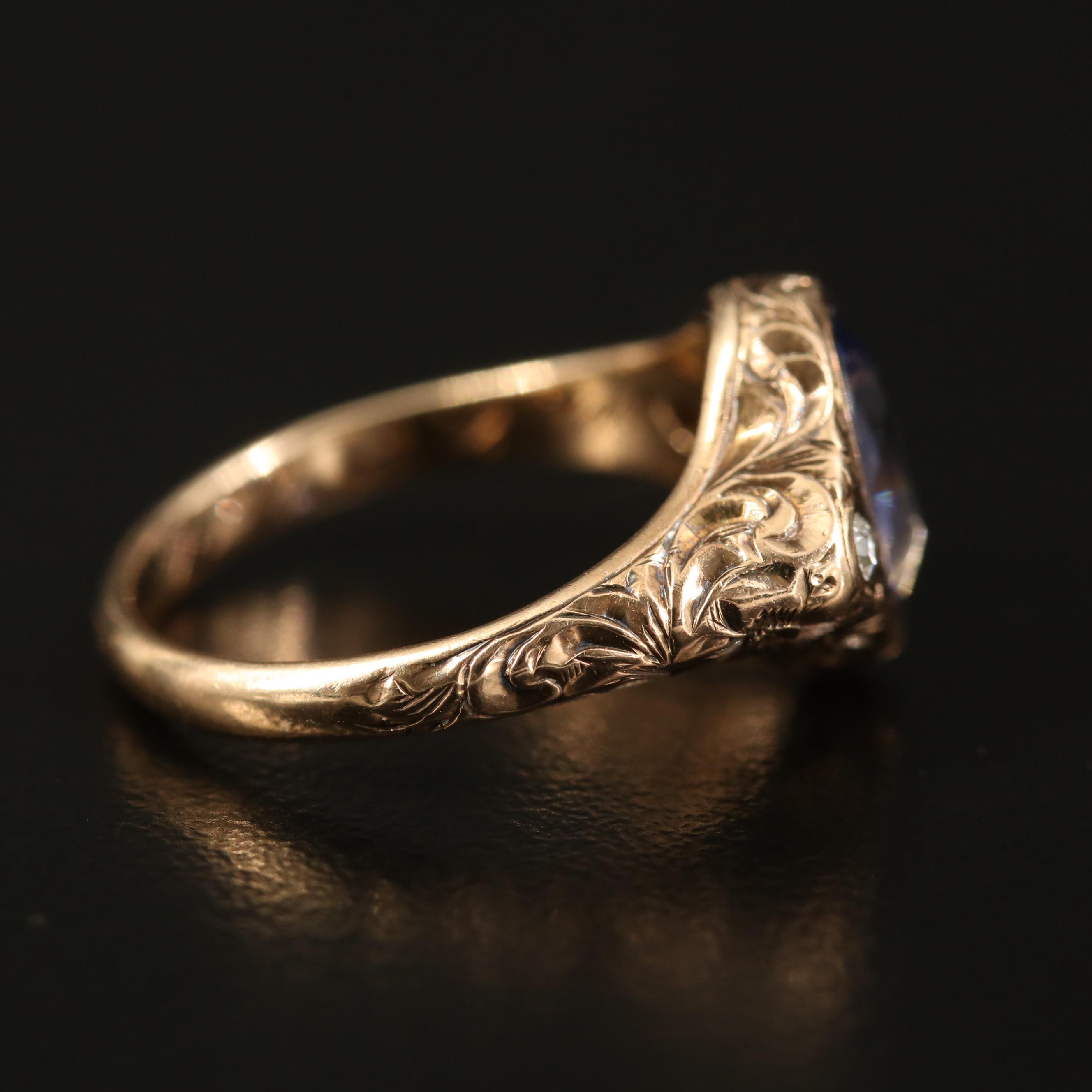 Edwardian 10K Sapphire and Diamond Ring with Engraved Foliate Pattern ...