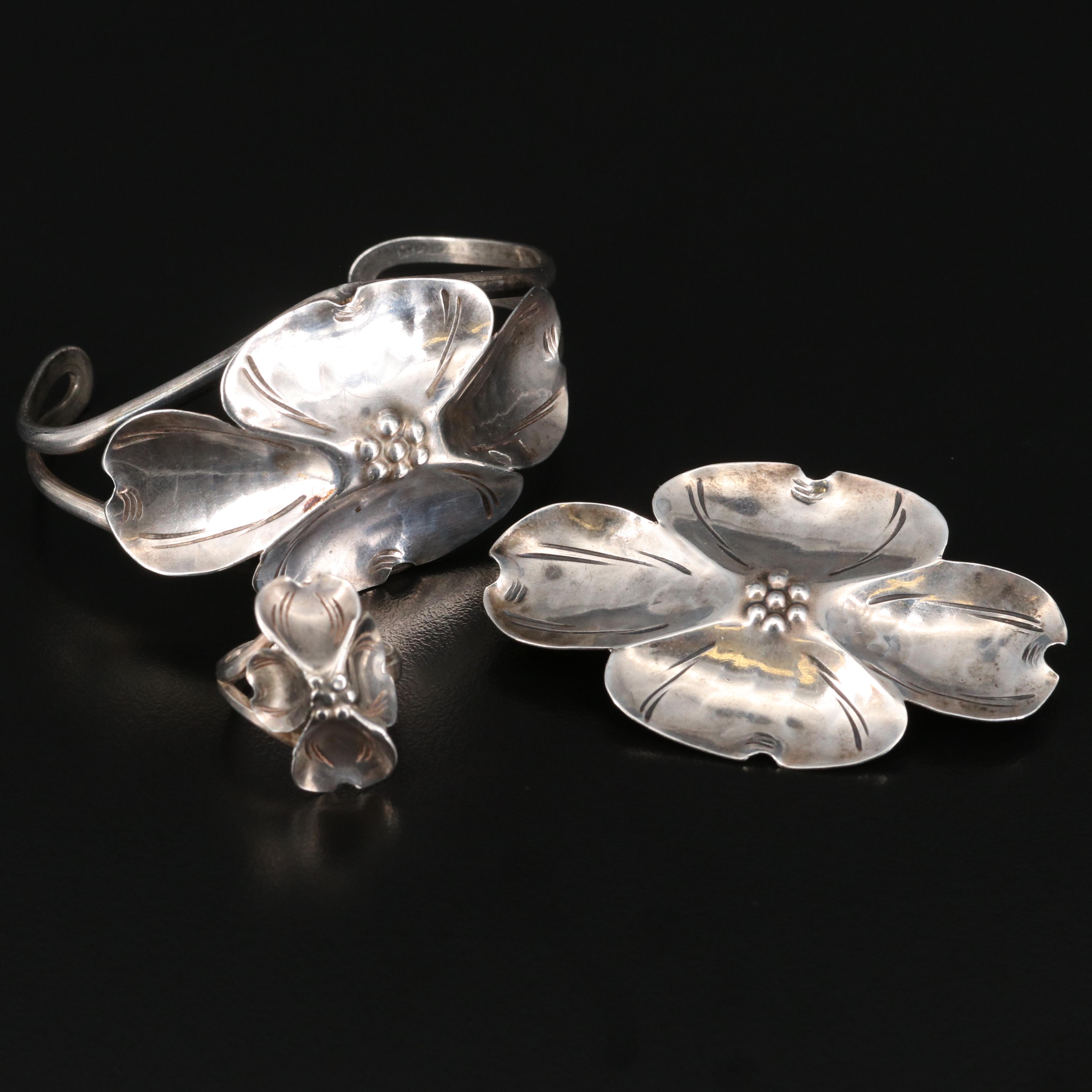 Stuart Nye "Dogwood" Sterling Silver Bracelet, Brooch and Ring | EBTH