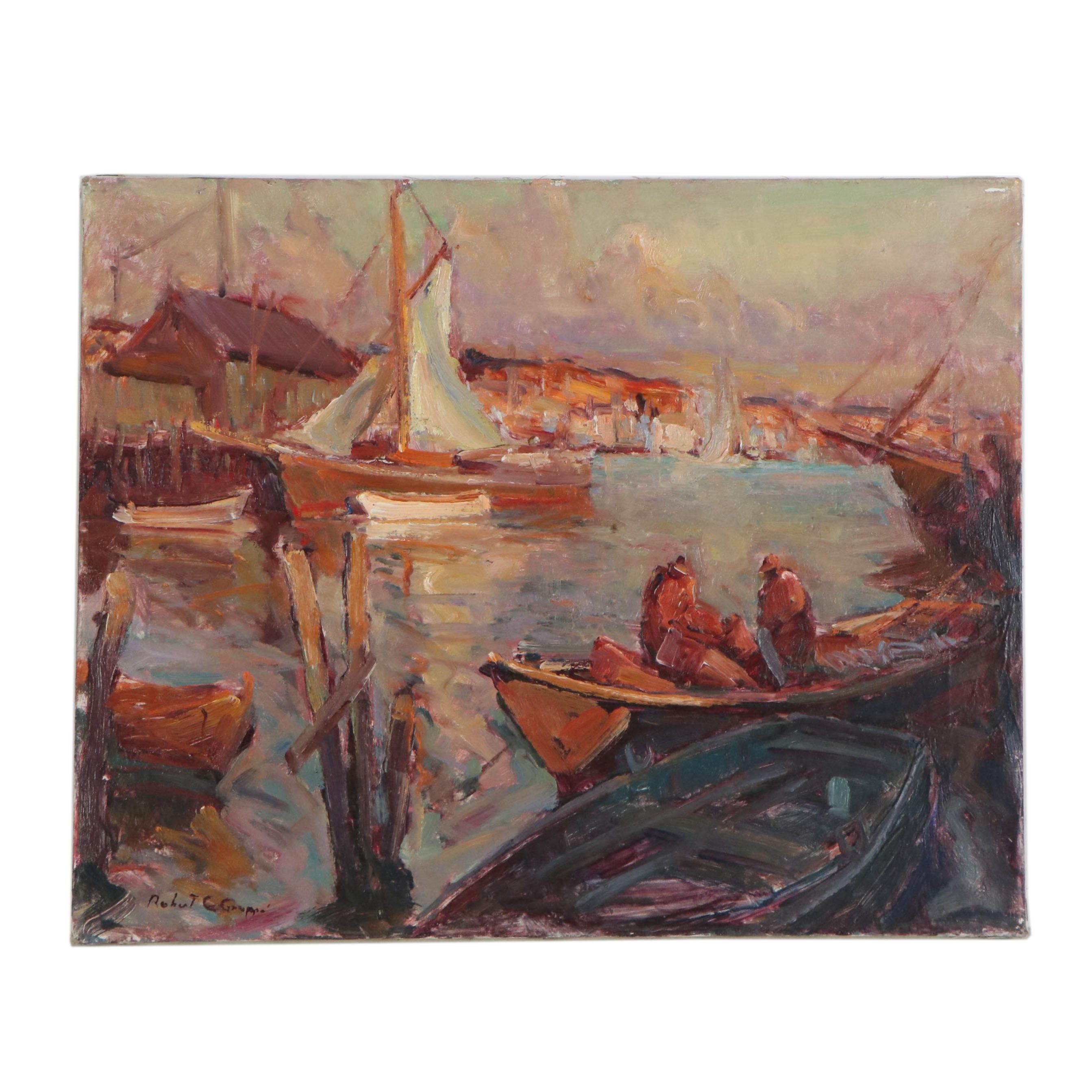 Robert Charles Gruppé Oil Painting of Harbor Scene, circa 1960 | EBTH