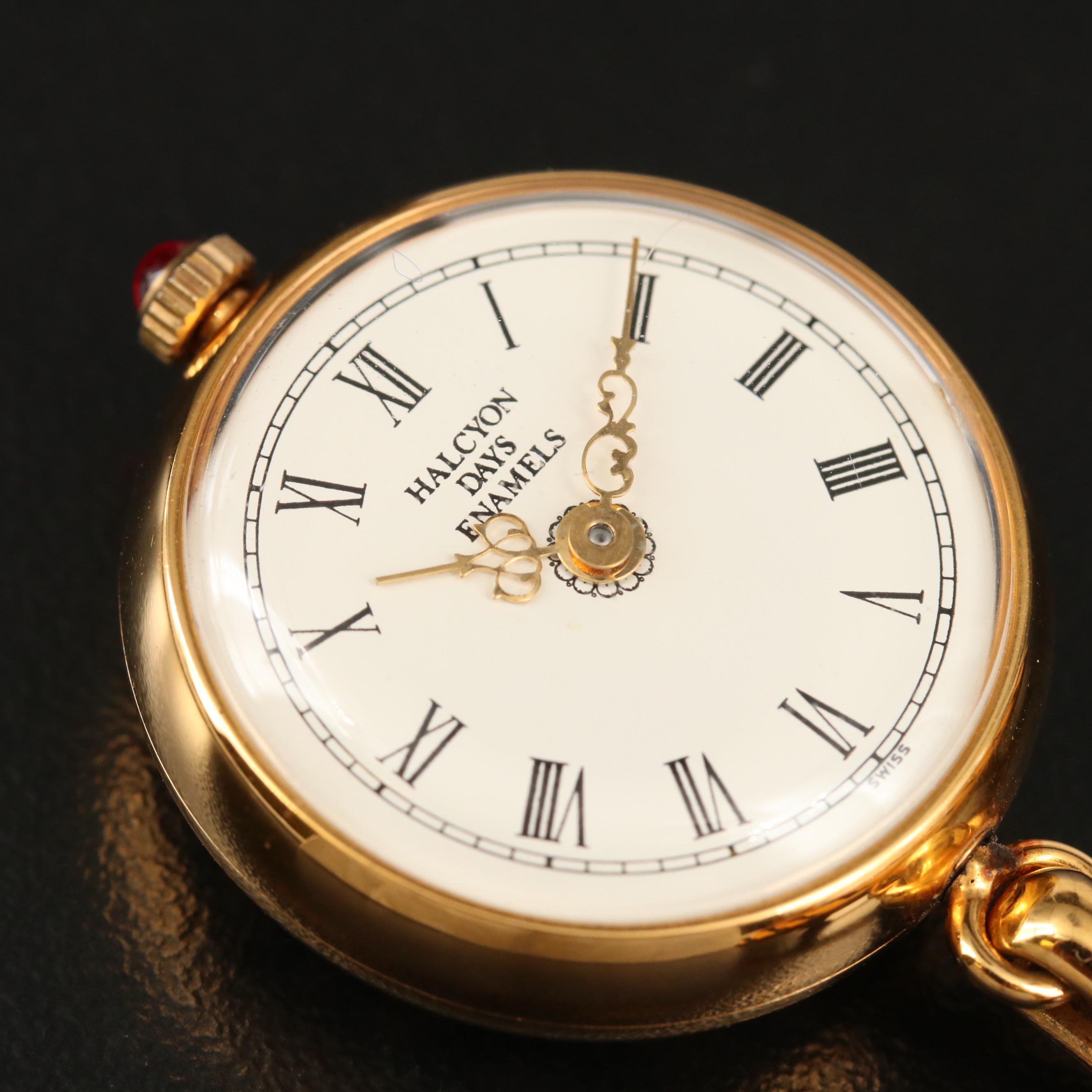 Halcyon Days Enamel and Gold Tone Quartz Brooch Watch | EBTH