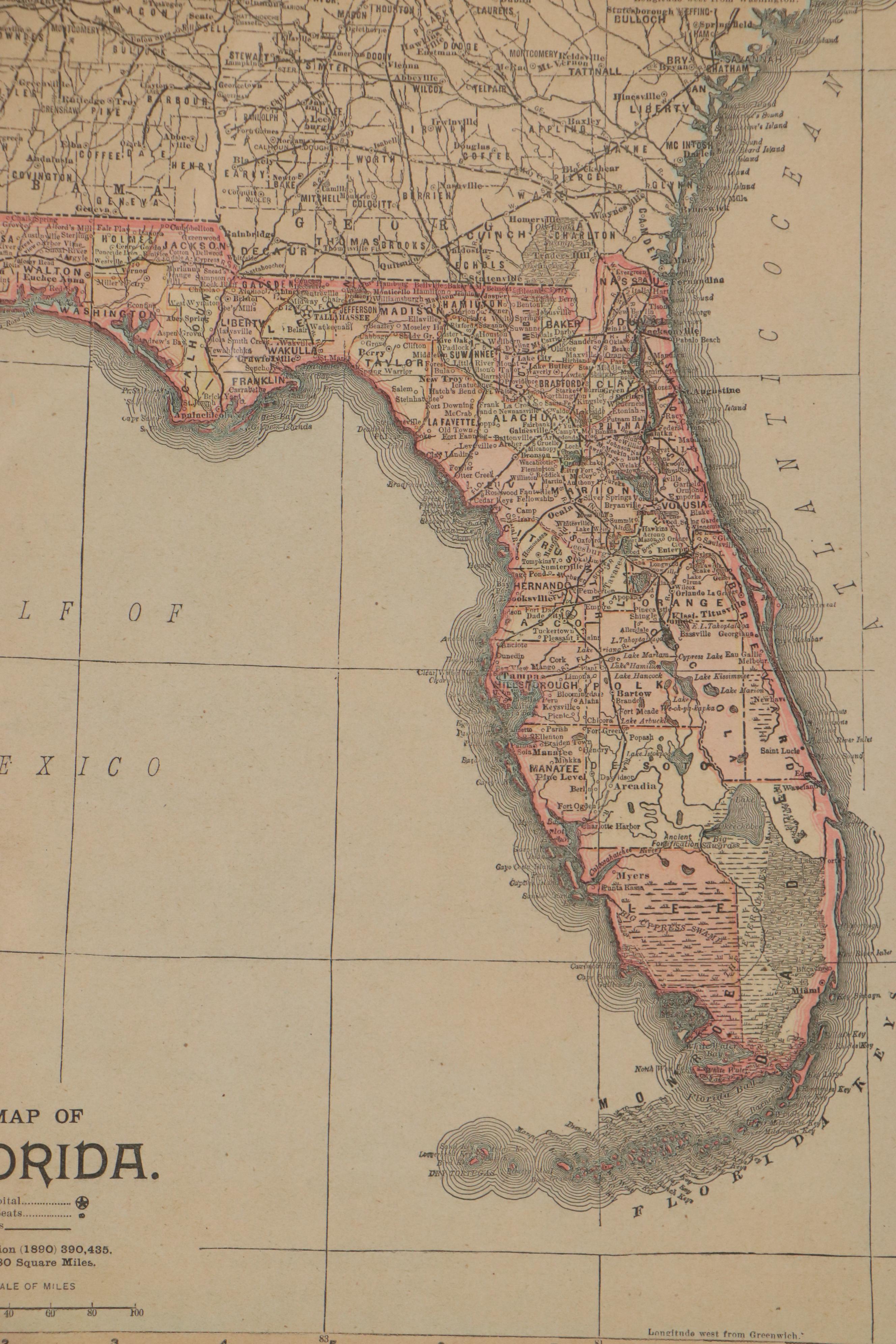 Wood Engraving Map of Florida, 1890 | EBTH