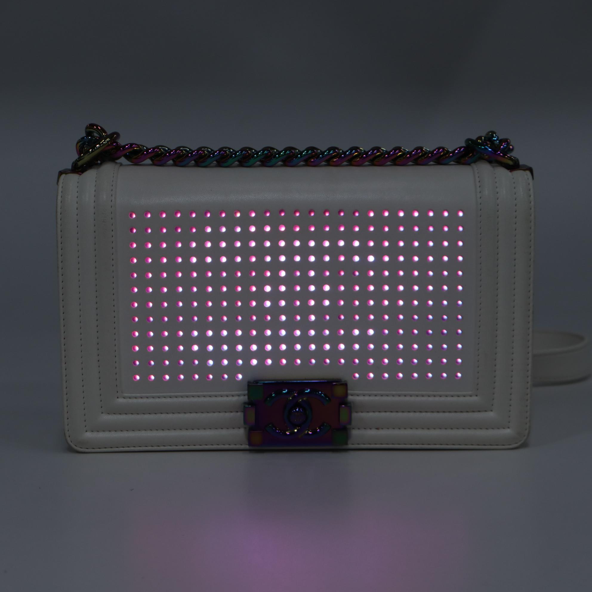 Chanel LED Boy Bag in White Perforated Lambskin and Iridescent Hardware ...