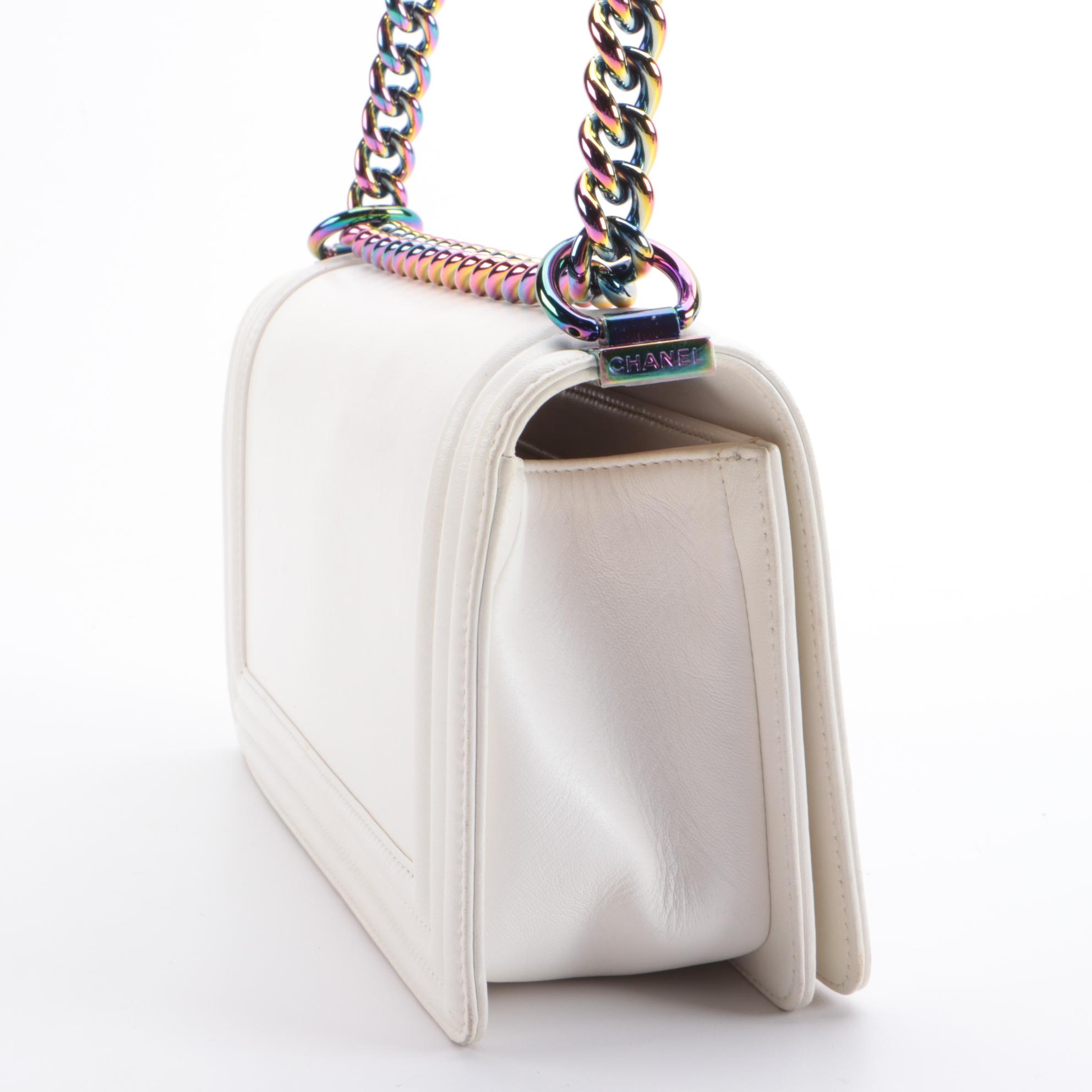 Chanel LED Boy Bag in White Perforated Lambskin and Iridescent Hardware ...