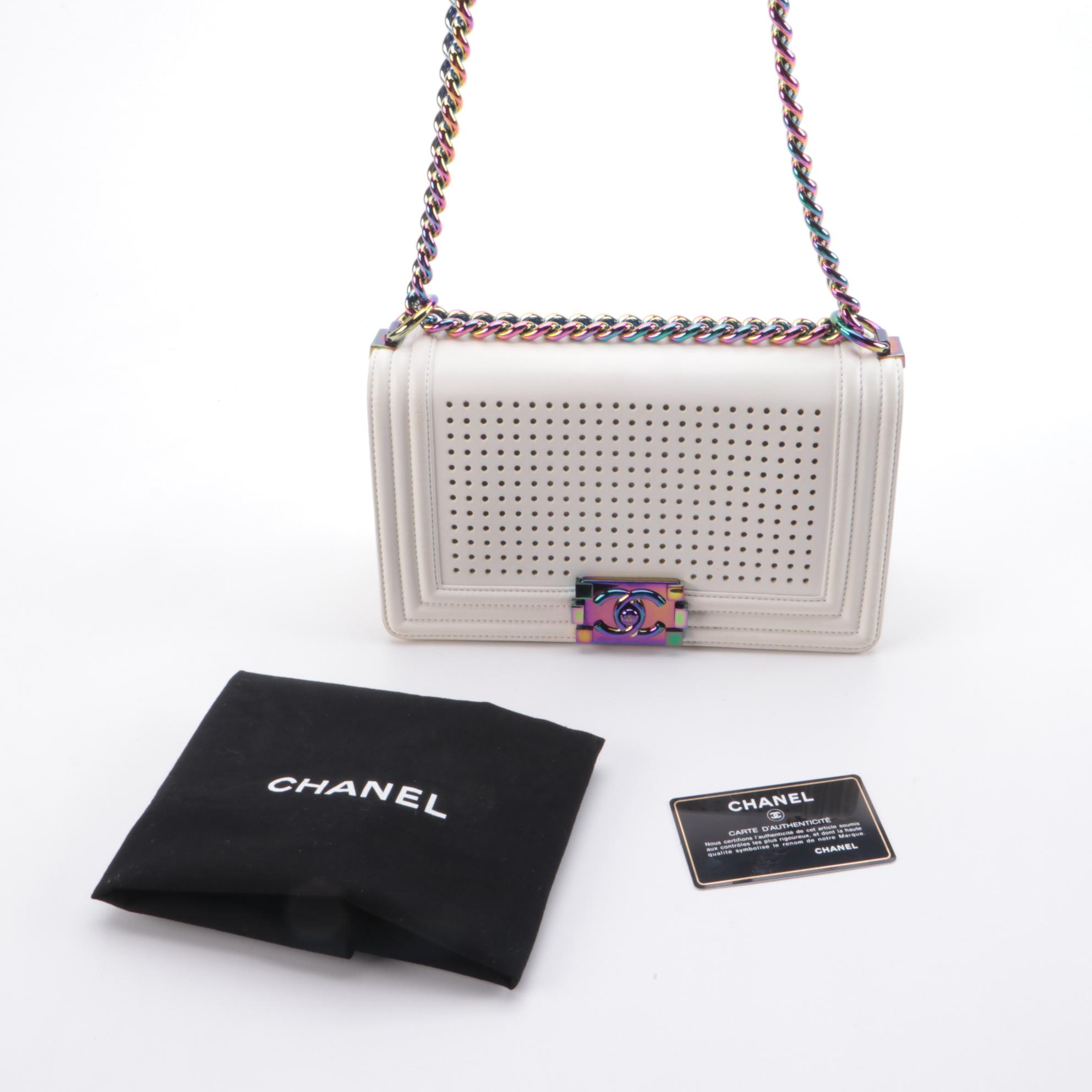 Chanel LED Boy Bag in White Perforated Lambskin and Iridescent Hardware ...