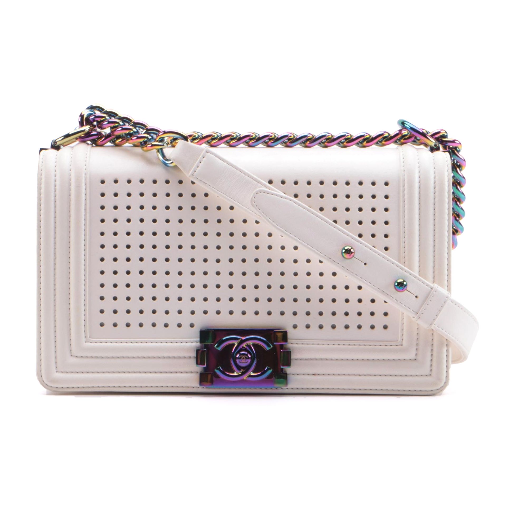Chanel LED Boy Bag in White Perforated Lambskin and Iridescent Hardware ...
