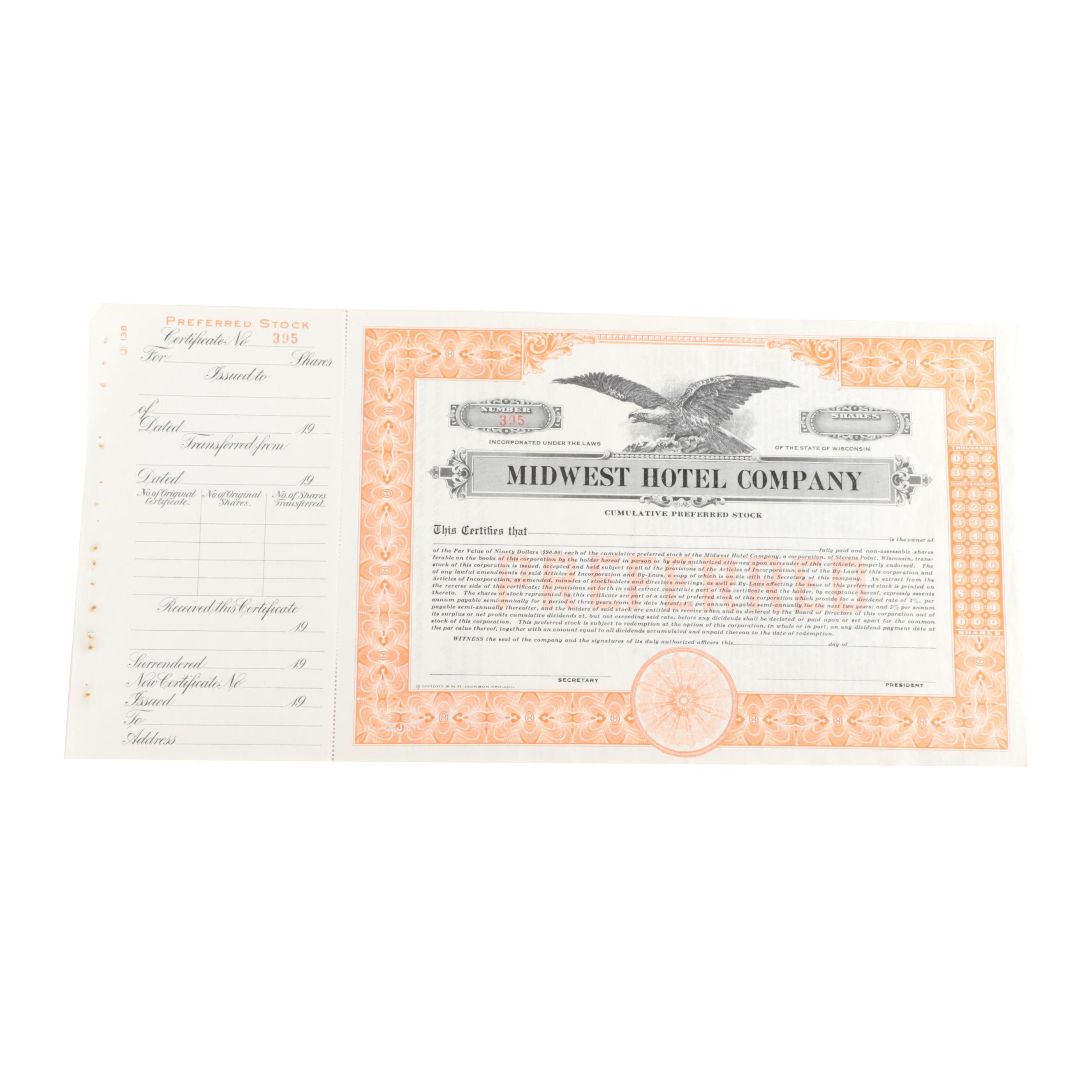 Vintage Midwest Hotel Company ( Whiting Hotel) Stock Certificate | EBTH