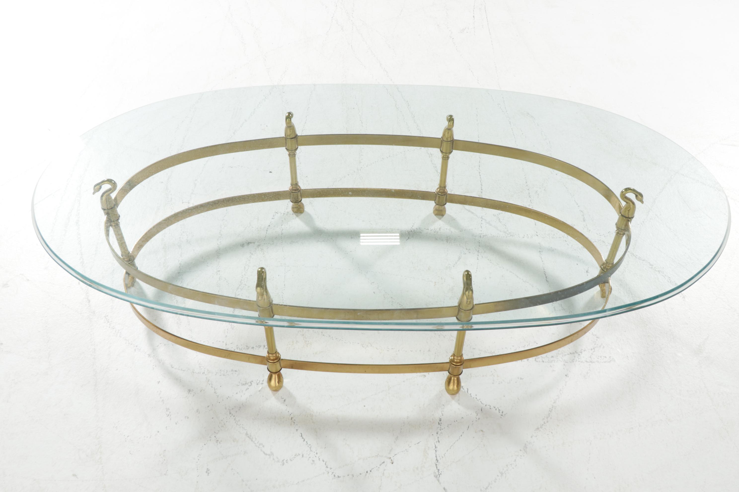 LaBarge Style Brass Swan Coffee Table with Oval Glass Top | EBTH
