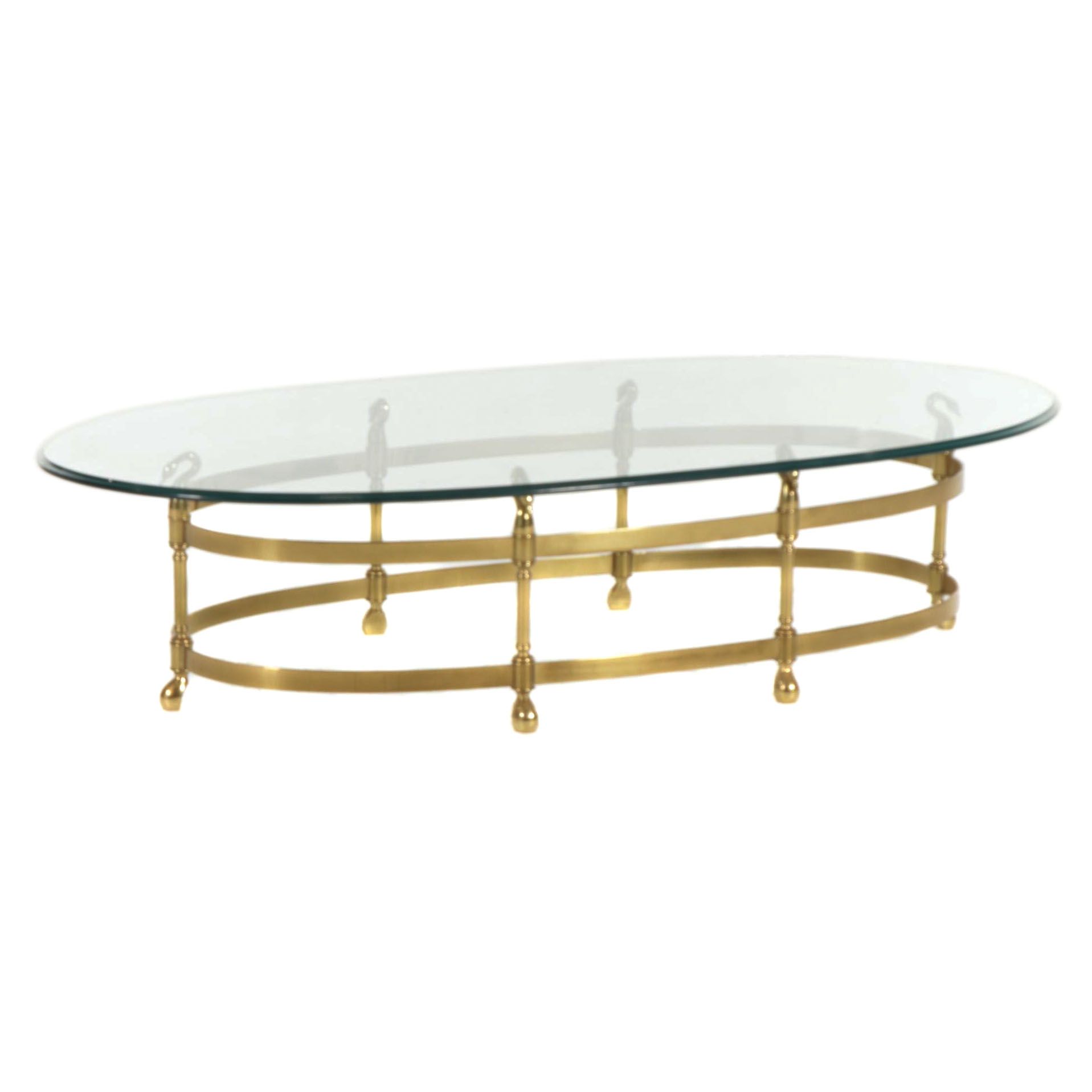 LaBarge Style Brass Swan Coffee Table with Oval Glass Top | EBTH