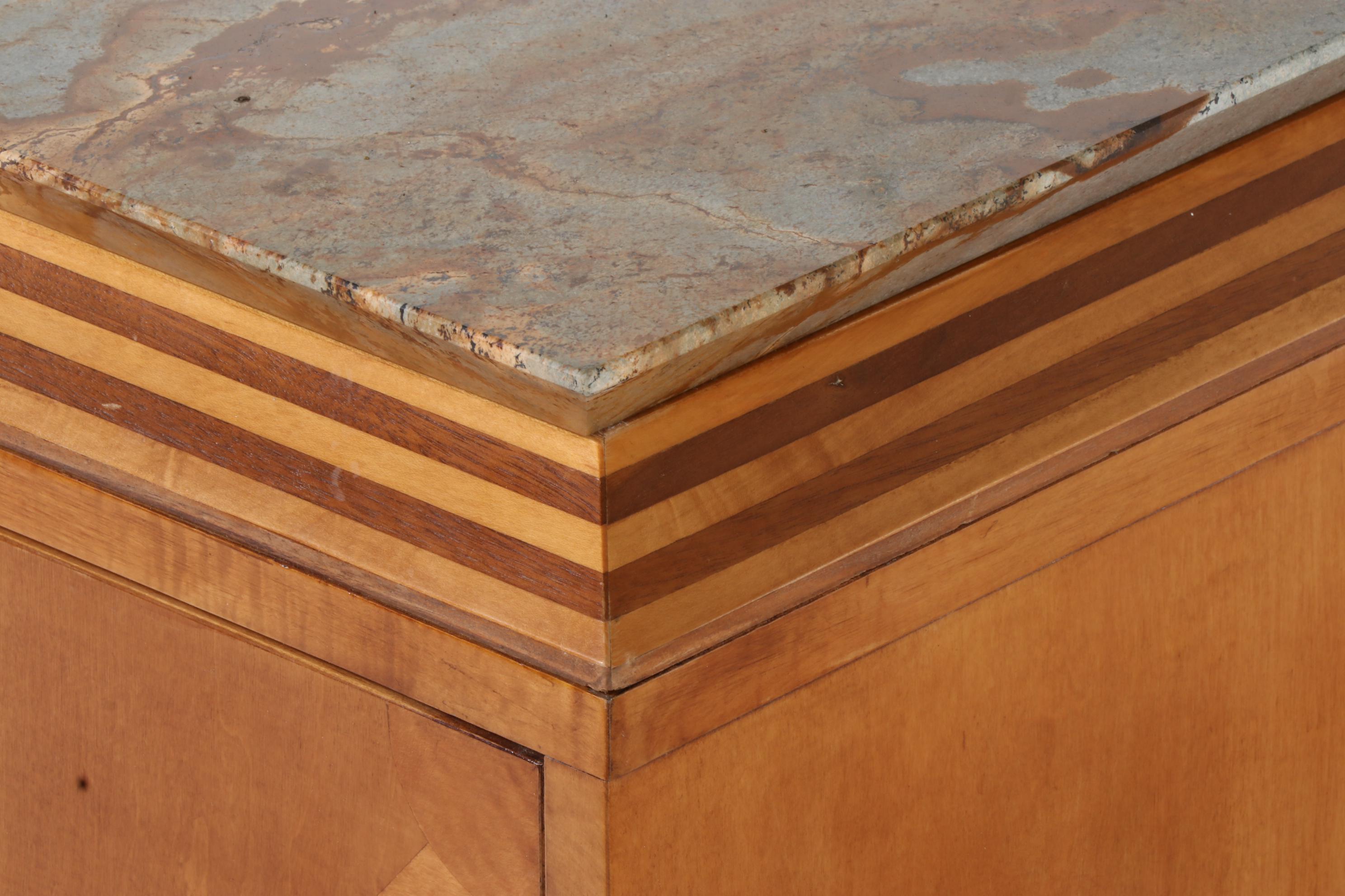 Henredon Art Deco Style Maple Parquetry and Marble Top Cabinet | EBTH