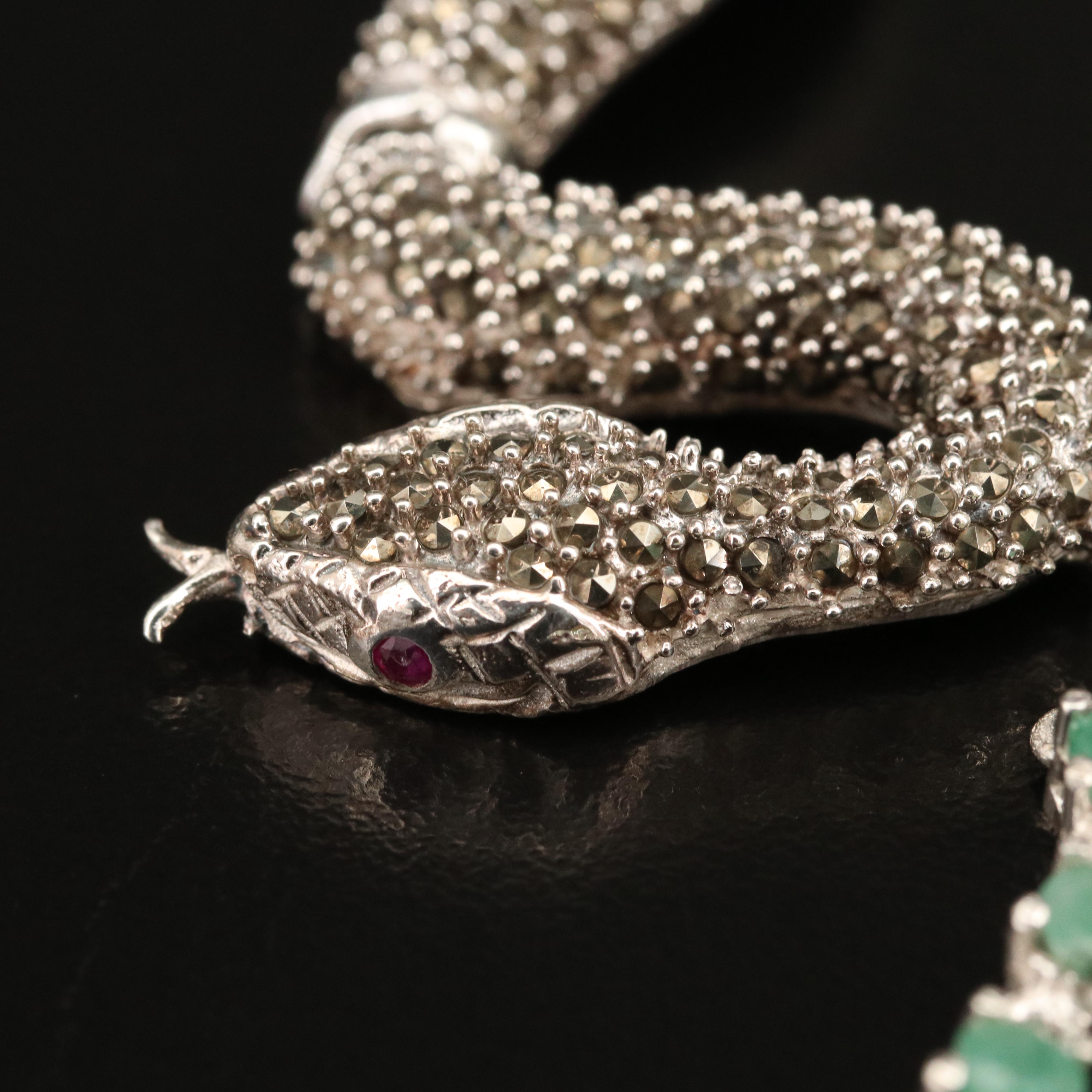 Sterling Beryl, Marcasite and Ruby Serpent and Fringe Necklace | EBTH