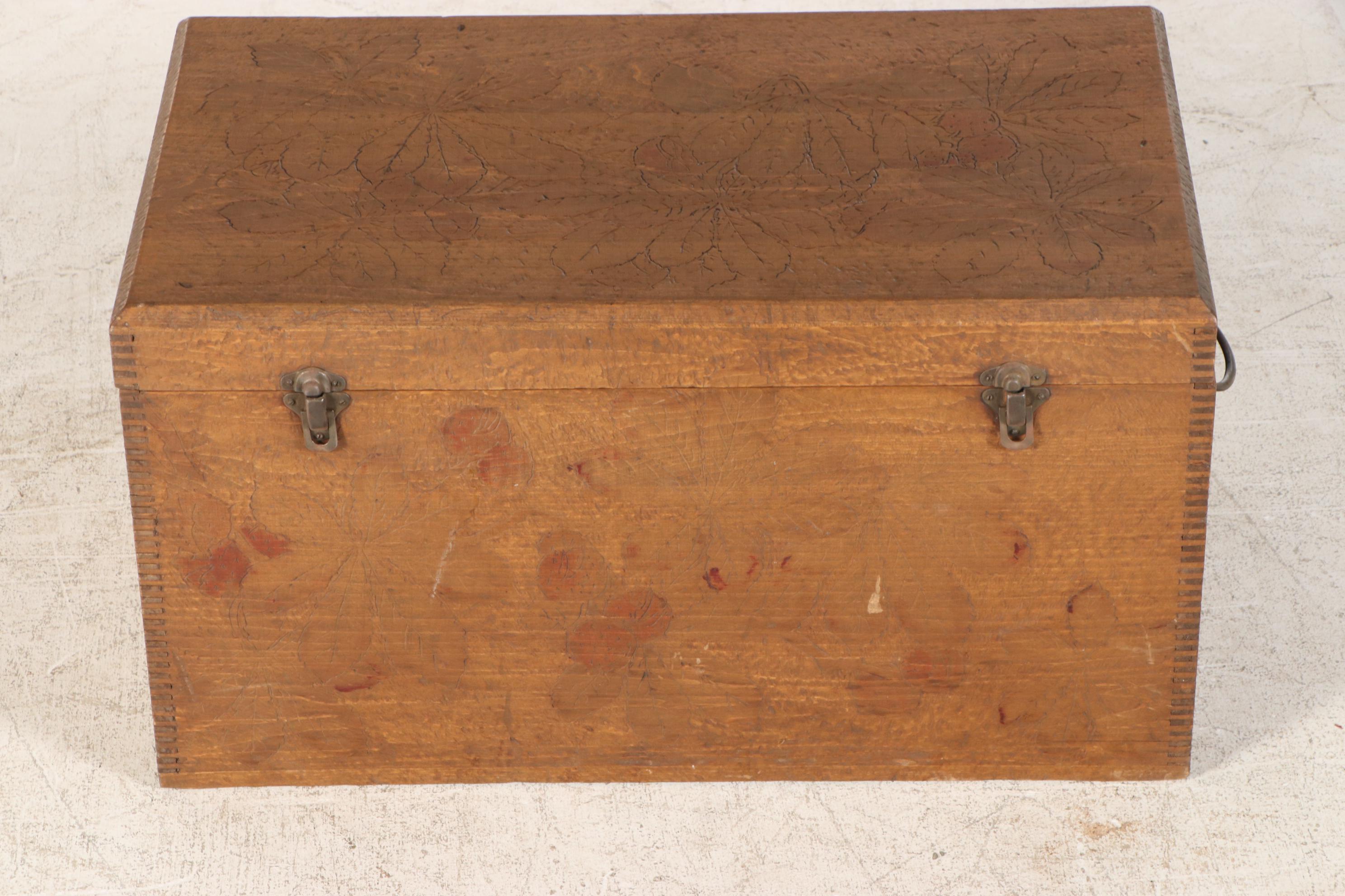 Pyrography-Decorated Wooden Chest, Early 20th Century | EBTH