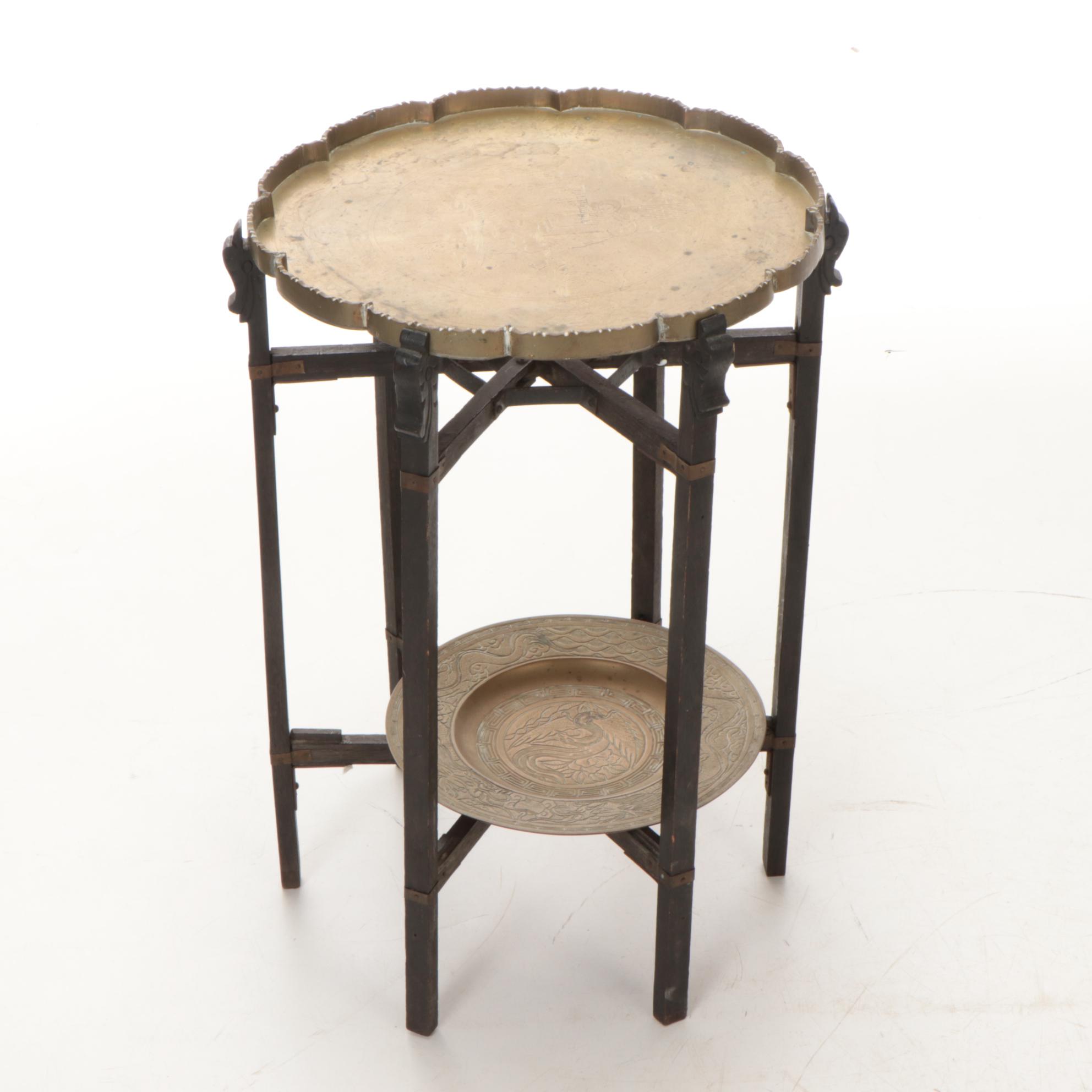 Chinese Engraved Brass Top Carved Folding Side Tables | EBTH