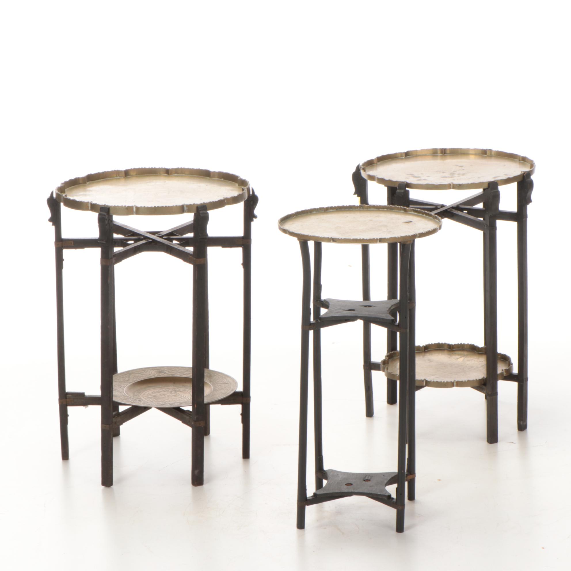 Chinese Engraved Brass Top Carved Folding Side Tables | EBTH