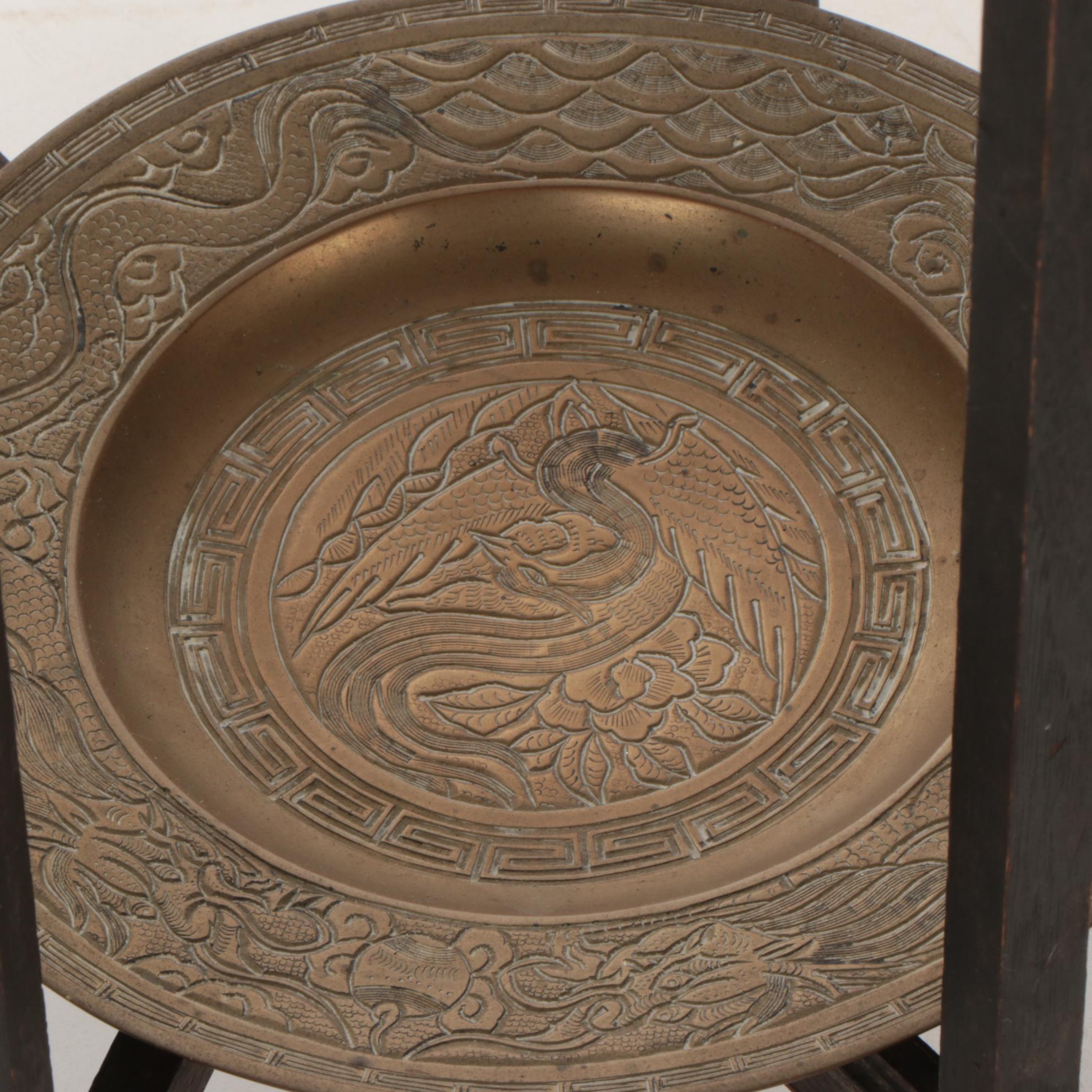 Chinese Engraved Brass Top Carved Folding Side Tables | EBTH