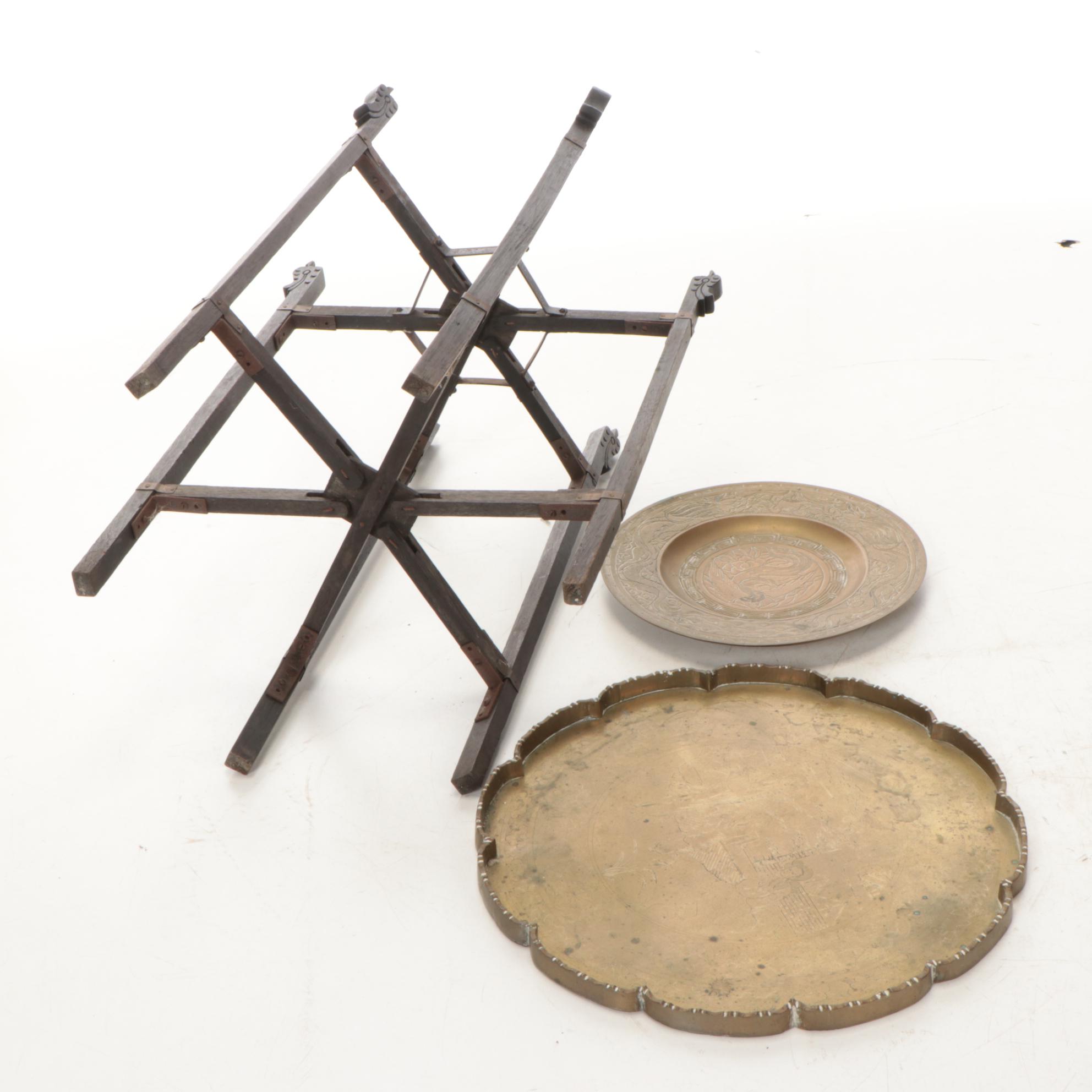 Chinese Engraved Brass Top Carved Folding Side Tables | EBTH