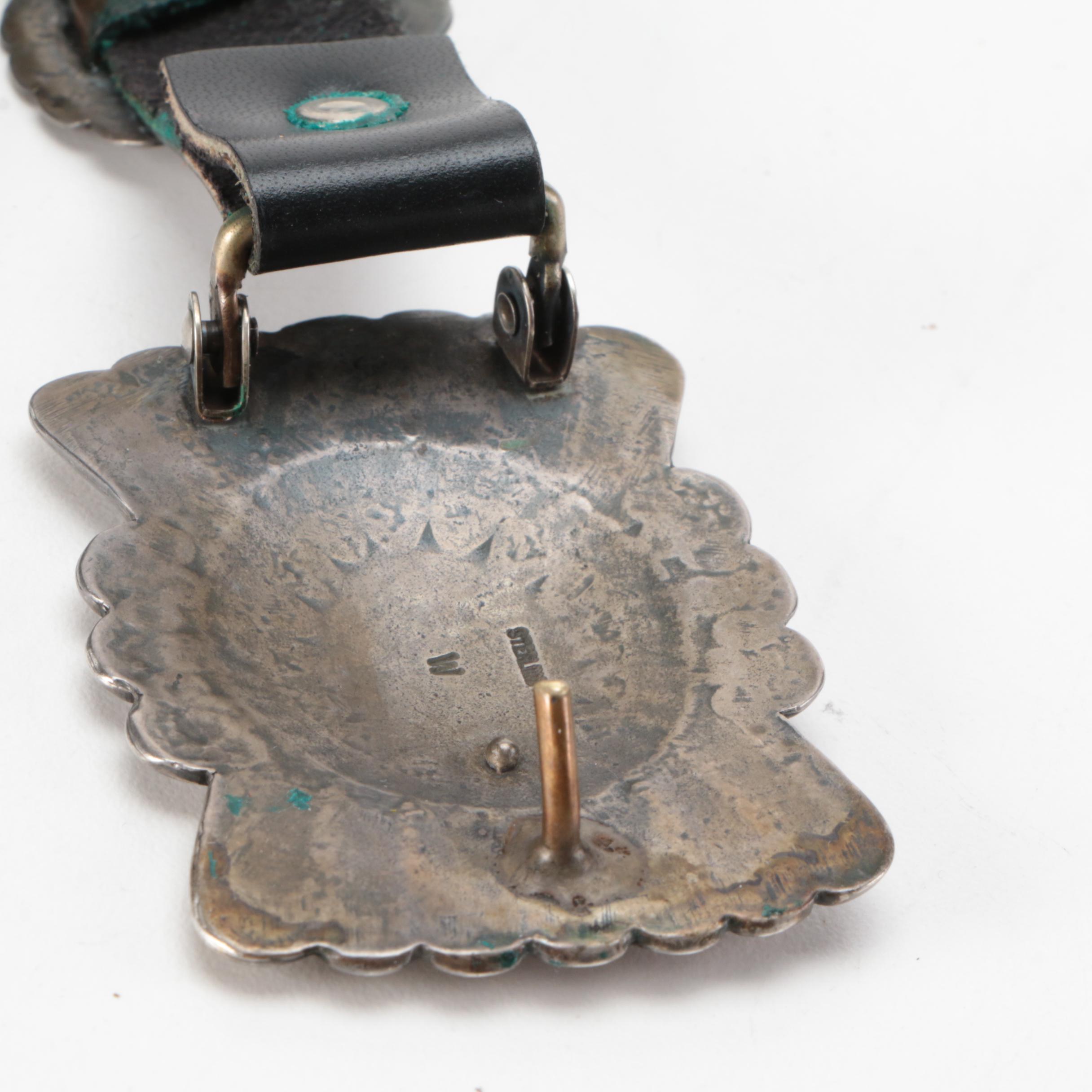 Wayne Etsitty Navajo Diné Sterling Silver Concho Black Leather Belt | EBTH