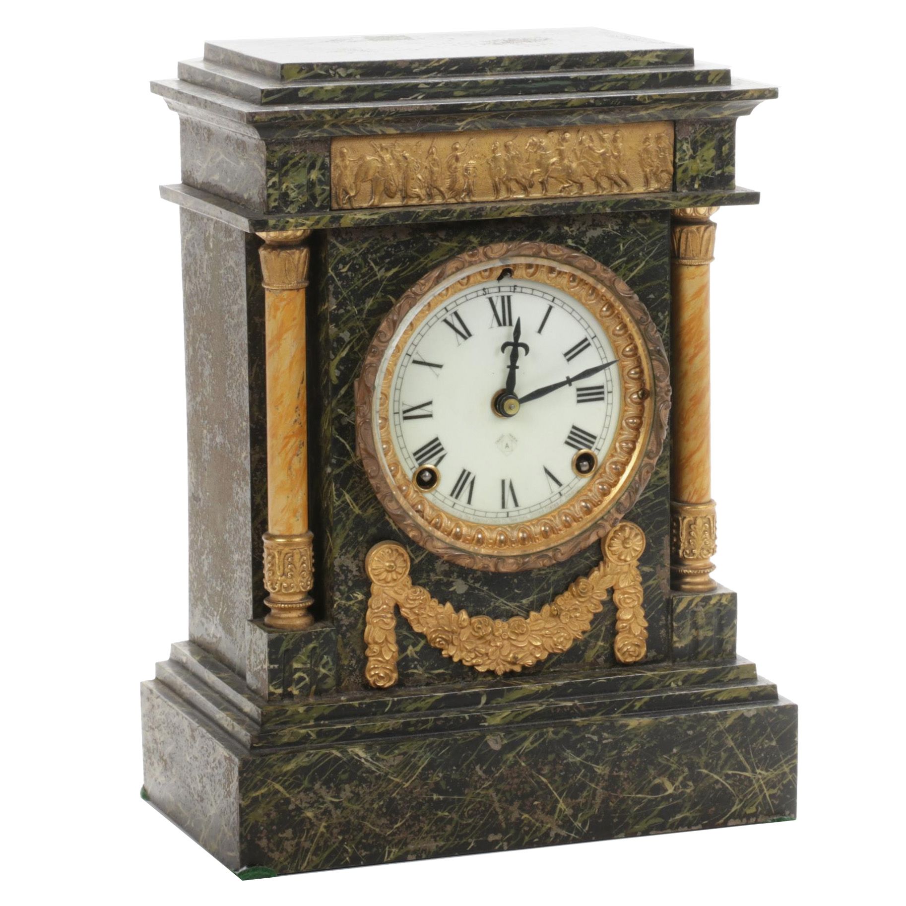 Ansonia Marblized Cast Iron Mantel Clock with Greek Frieze, Antique | EBTH