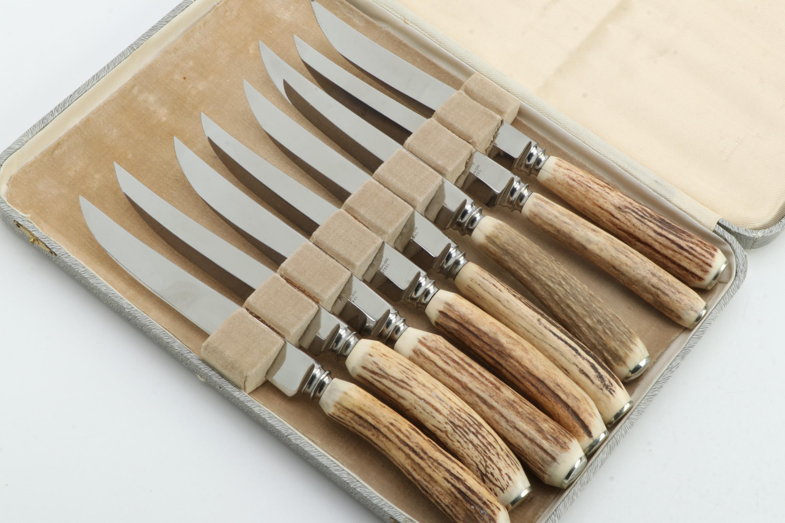 Griffon Stainless Steel Steak Knives with Stag Antler Handles | EBTH