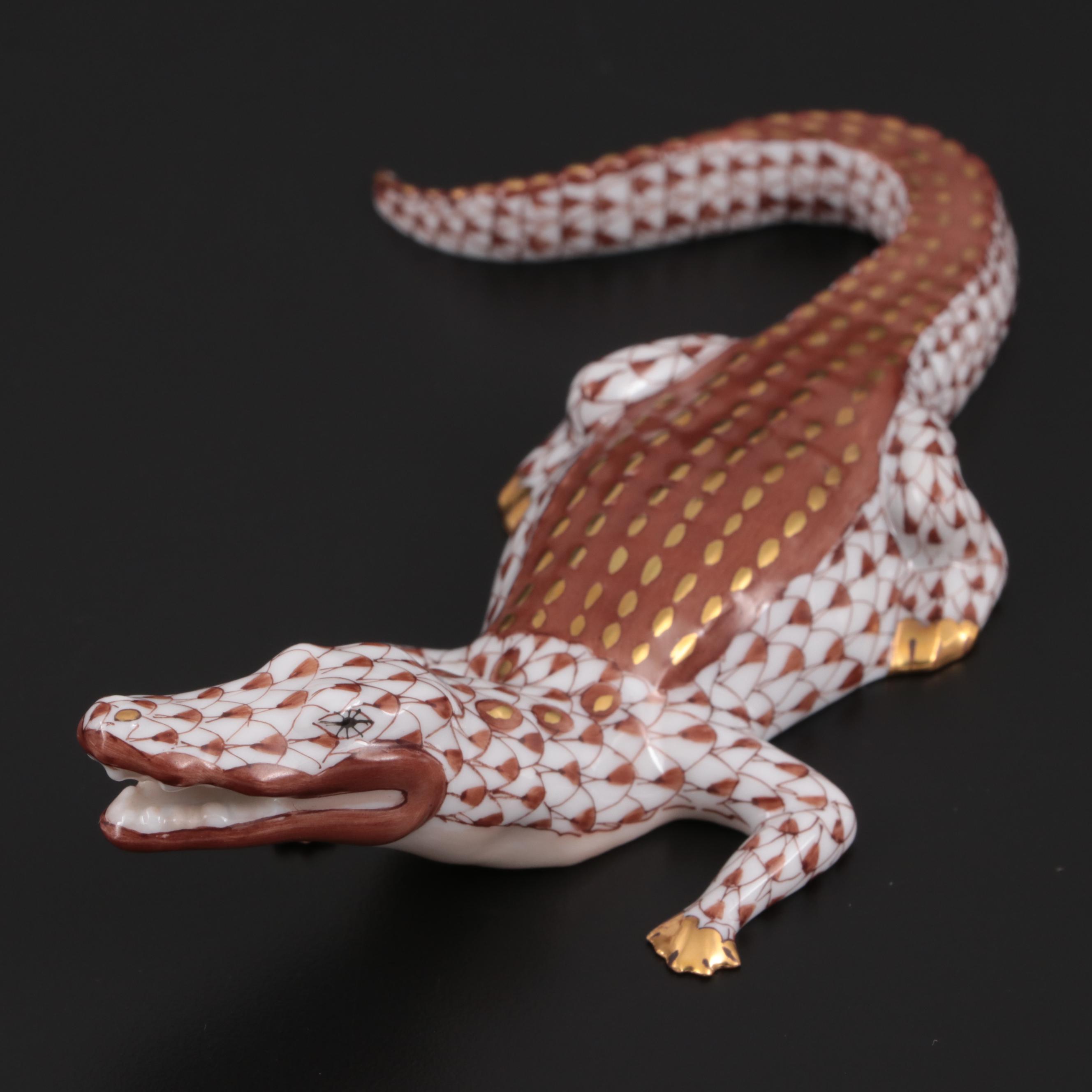 Herend Brown Fishnet with Gold "Alligator" Porcelain Figurine | EBTH