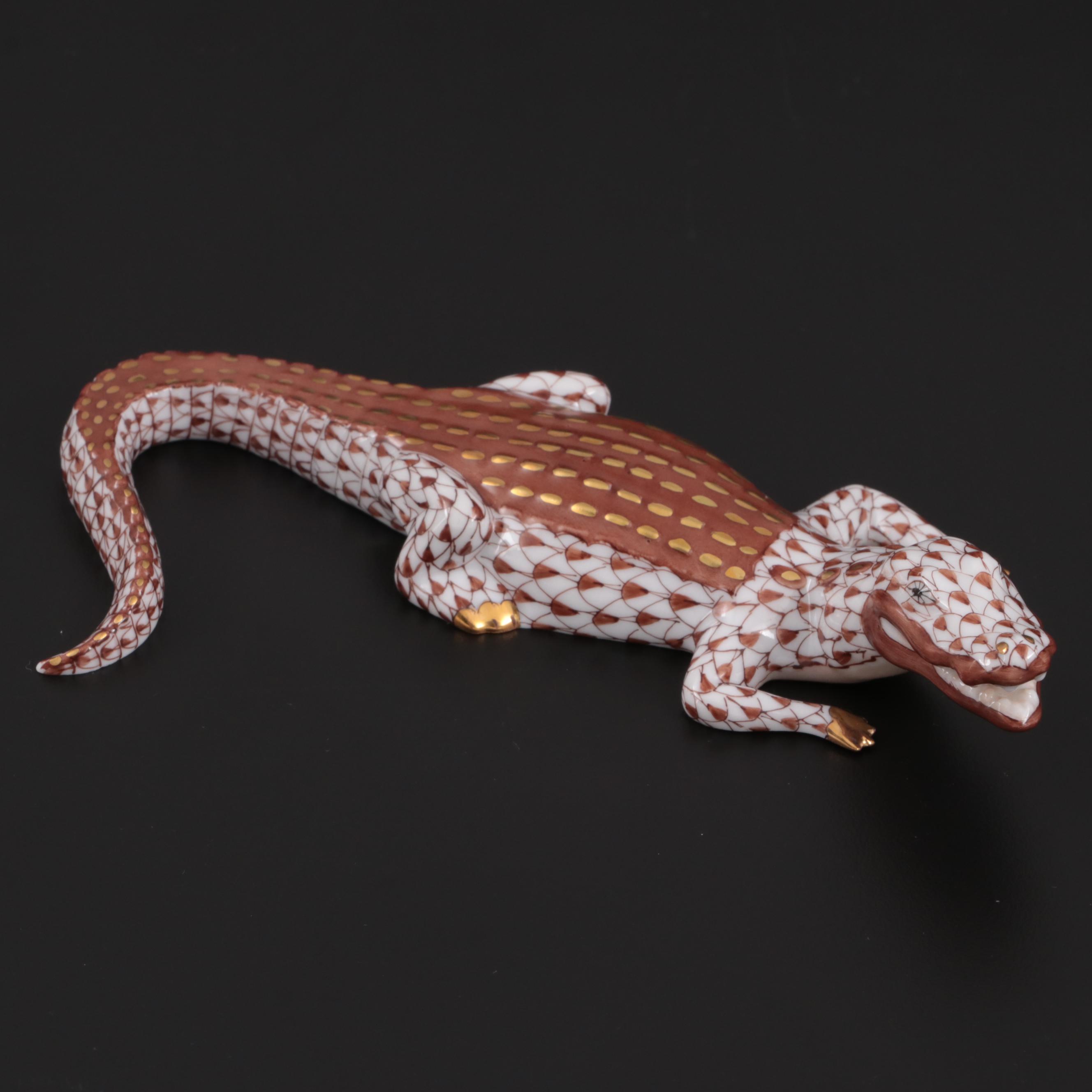 Herend Brown Fishnet with Gold "Alligator" Porcelain Figurine | EBTH
