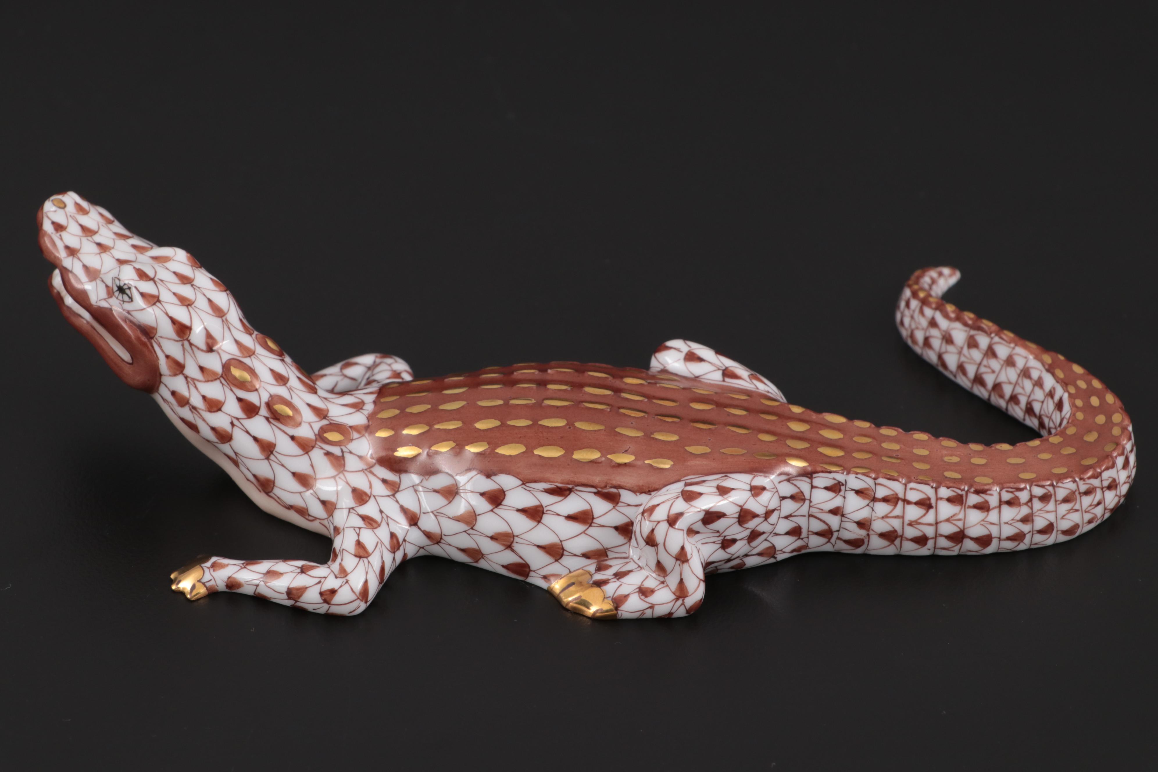 Herend Brown Fishnet with Gold "Alligator" Porcelain Figurine | EBTH