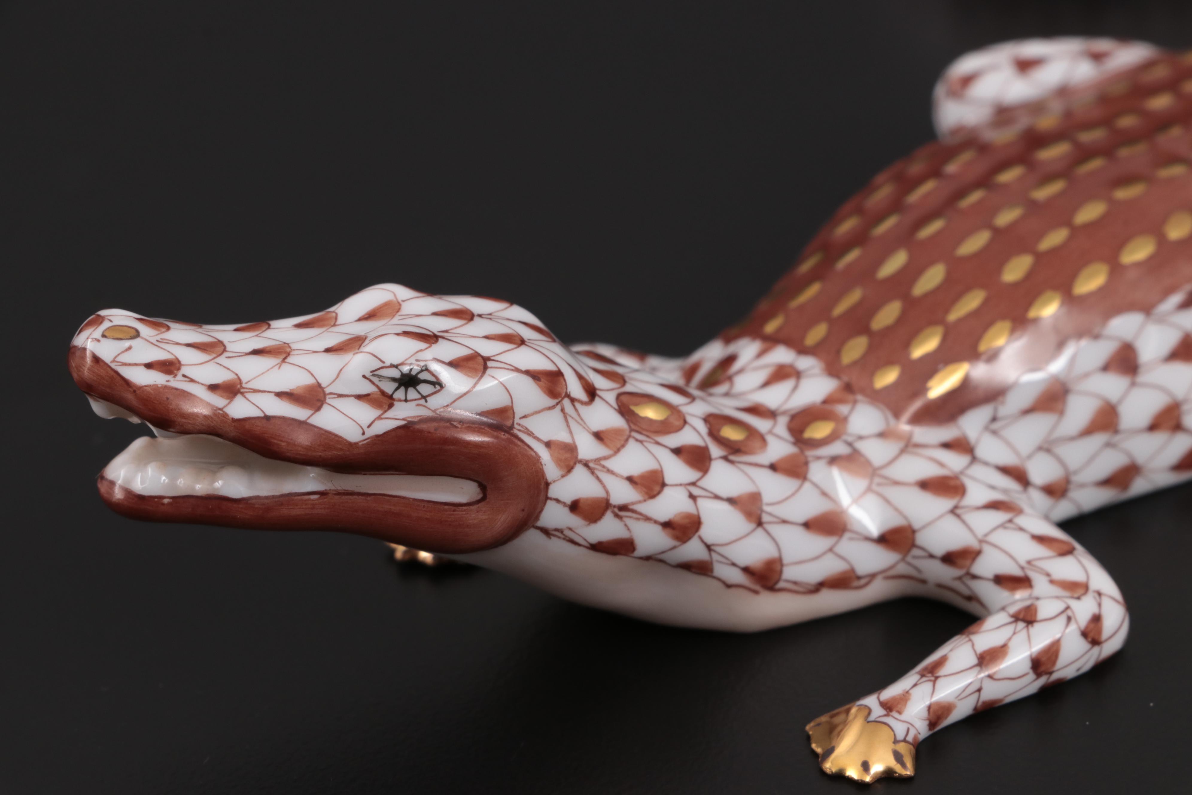 Herend Brown Fishnet with Gold "Alligator" Porcelain Figurine | EBTH