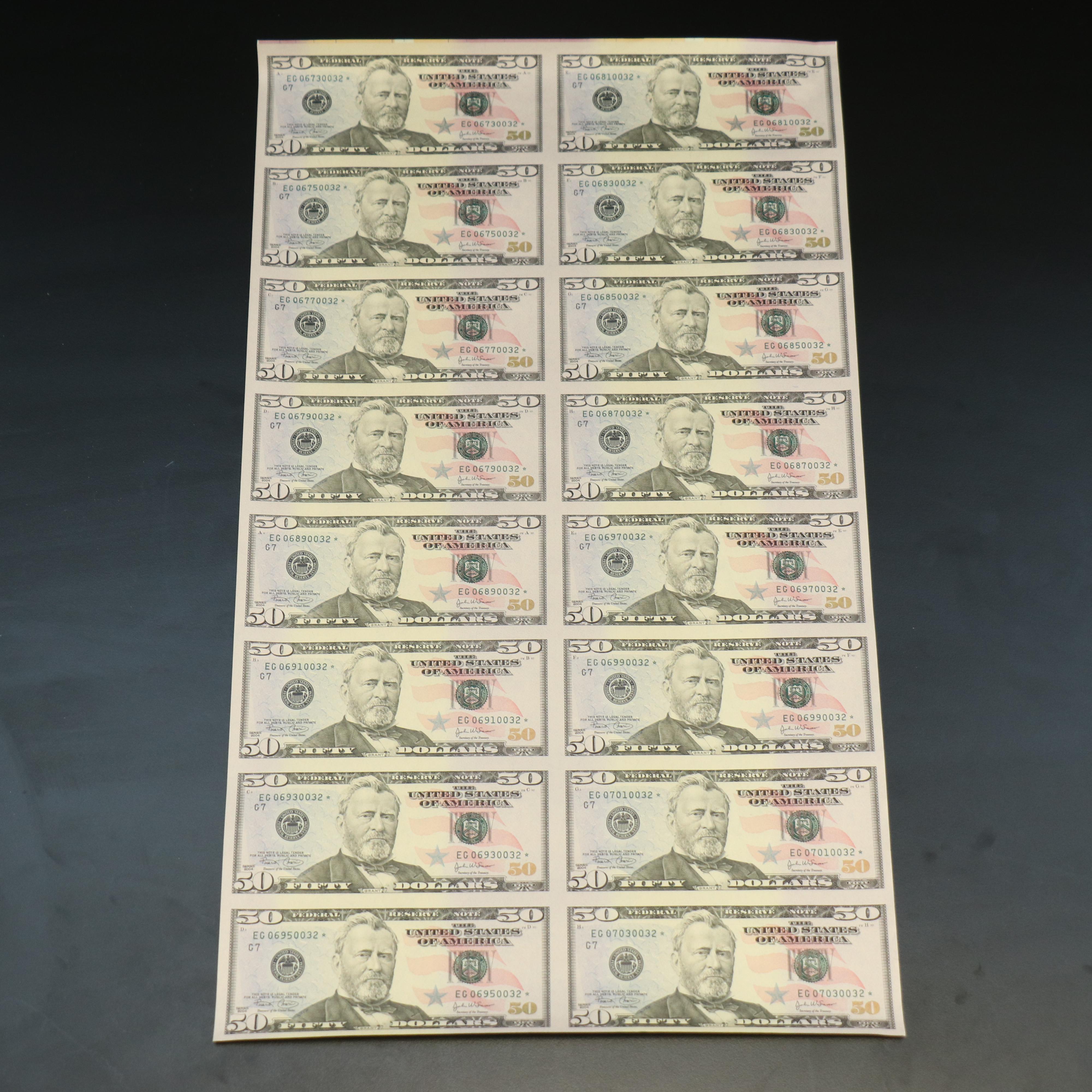 Uncut Half-Sheet of Sixteen "Star Note" $50 Federal Reserve Notes | EBTH