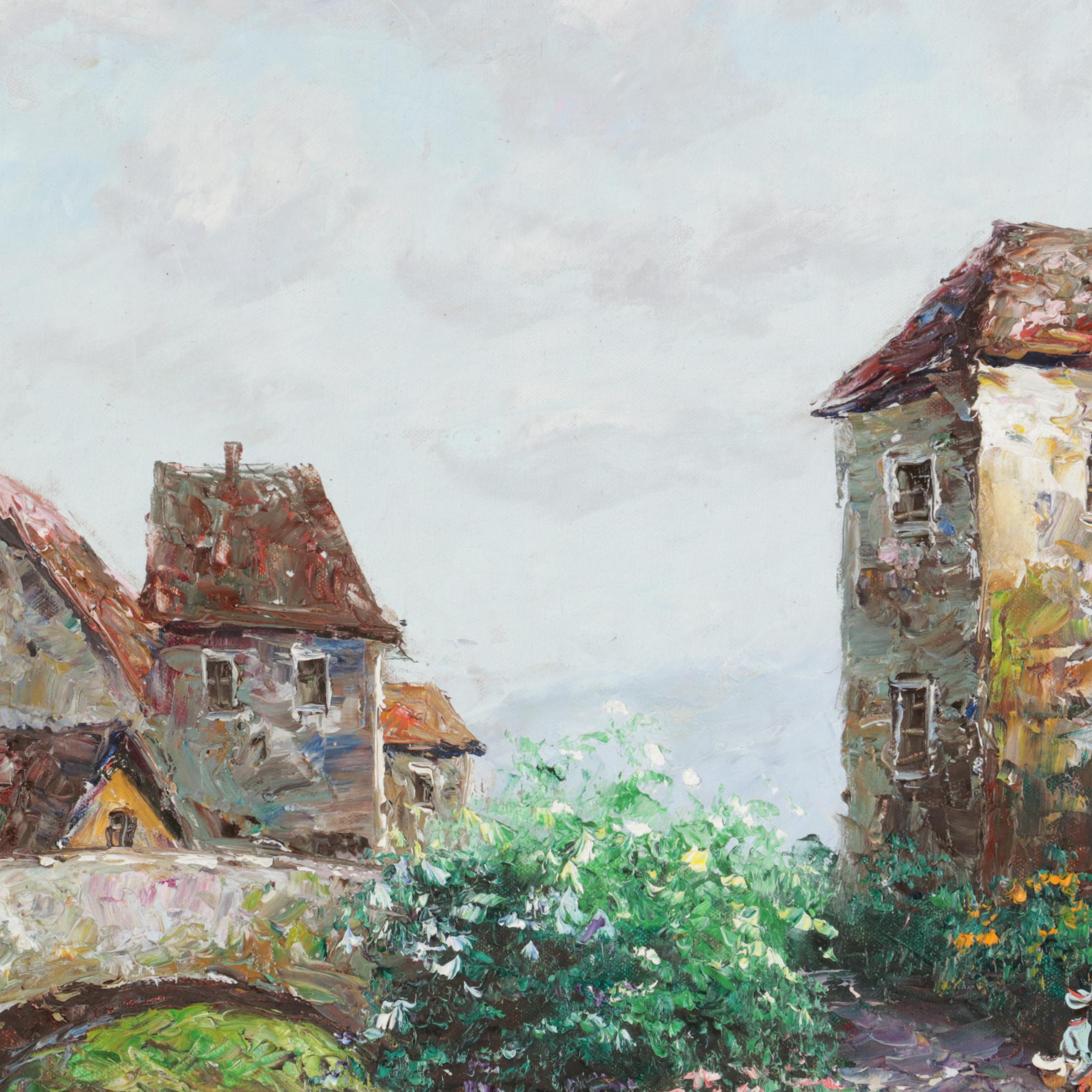 Theo Raucher Oil Painting of European Village with Stone Bridge | EBTH