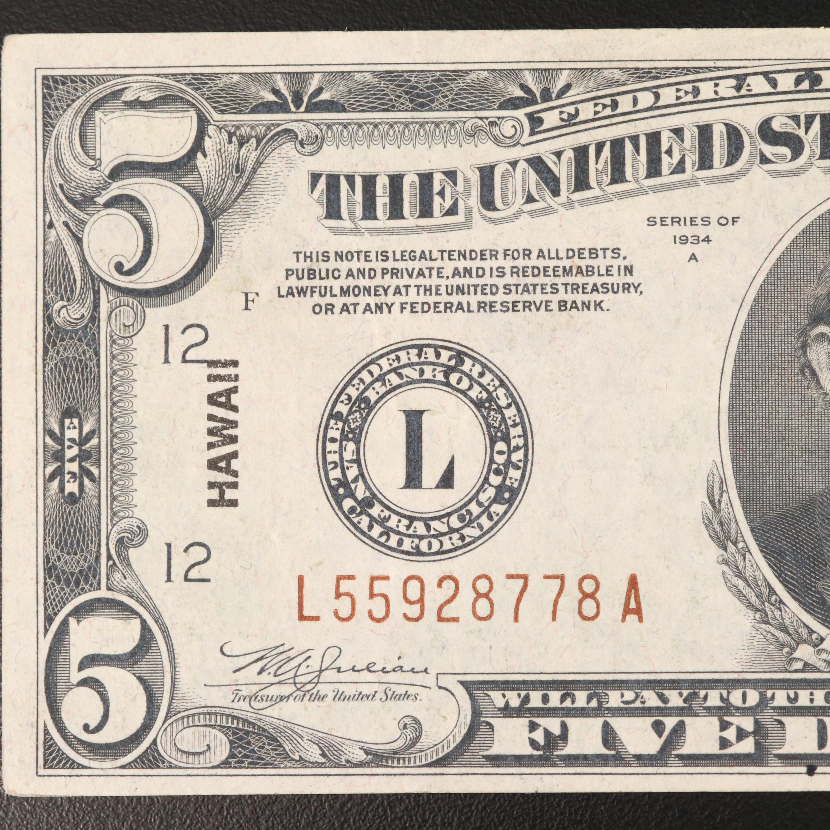 Series 1934A "Hawaii Overprint" $5 Federal Reserve Note | EBTH