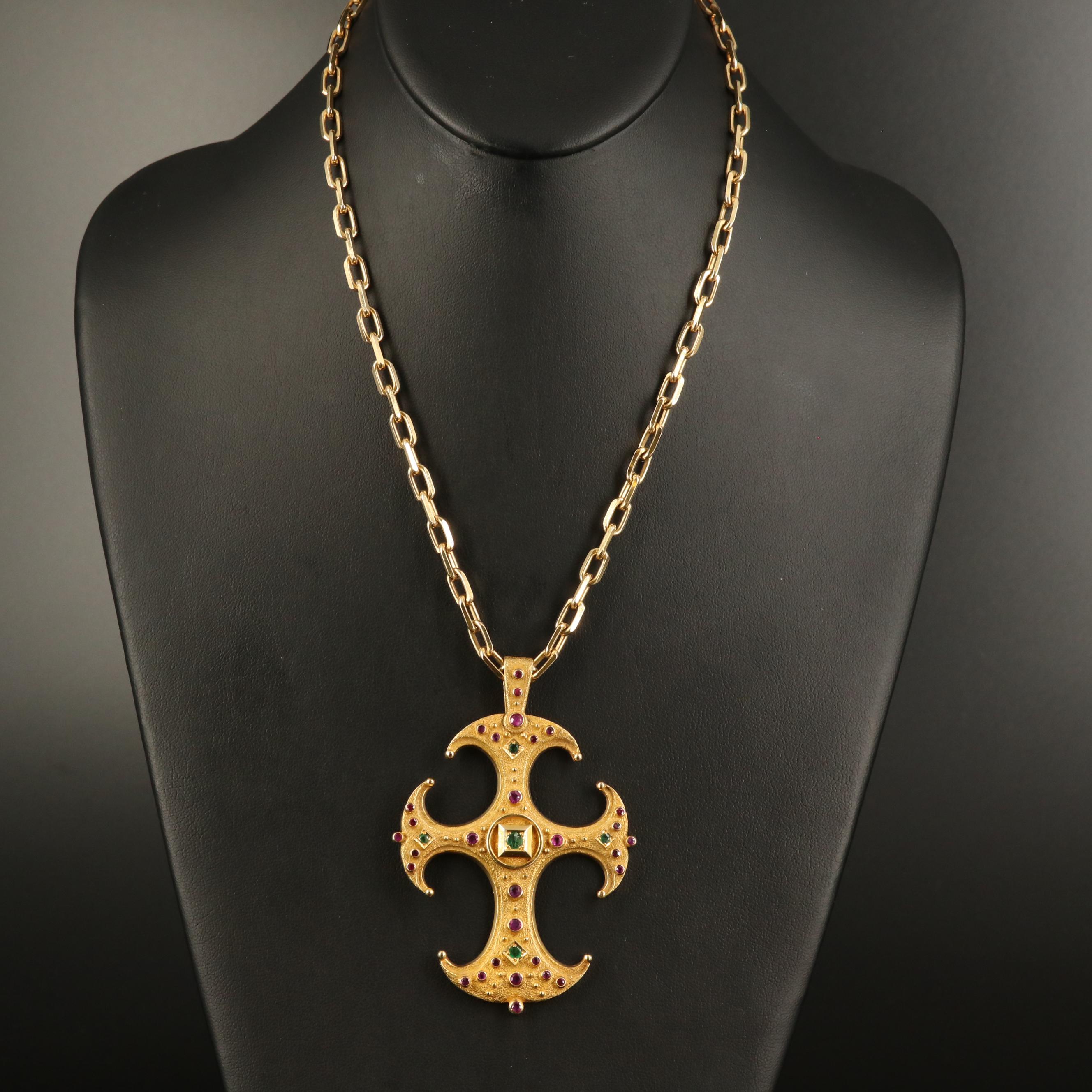 Greek 18K Emerald and Ruby Cercelée Cross Necklace | EBTH