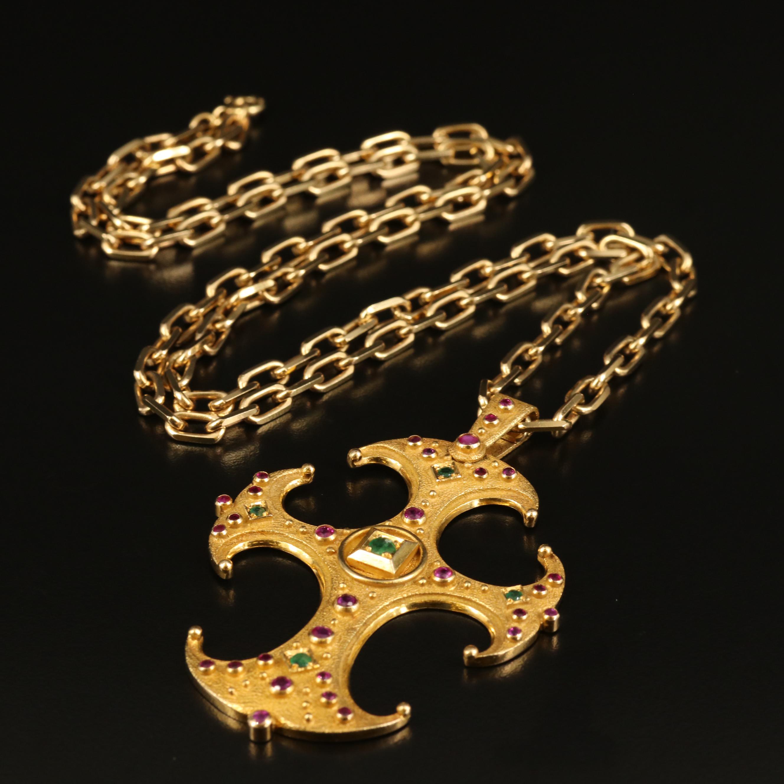 Greek 18K Emerald and Ruby Cercelée Cross Necklace | EBTH