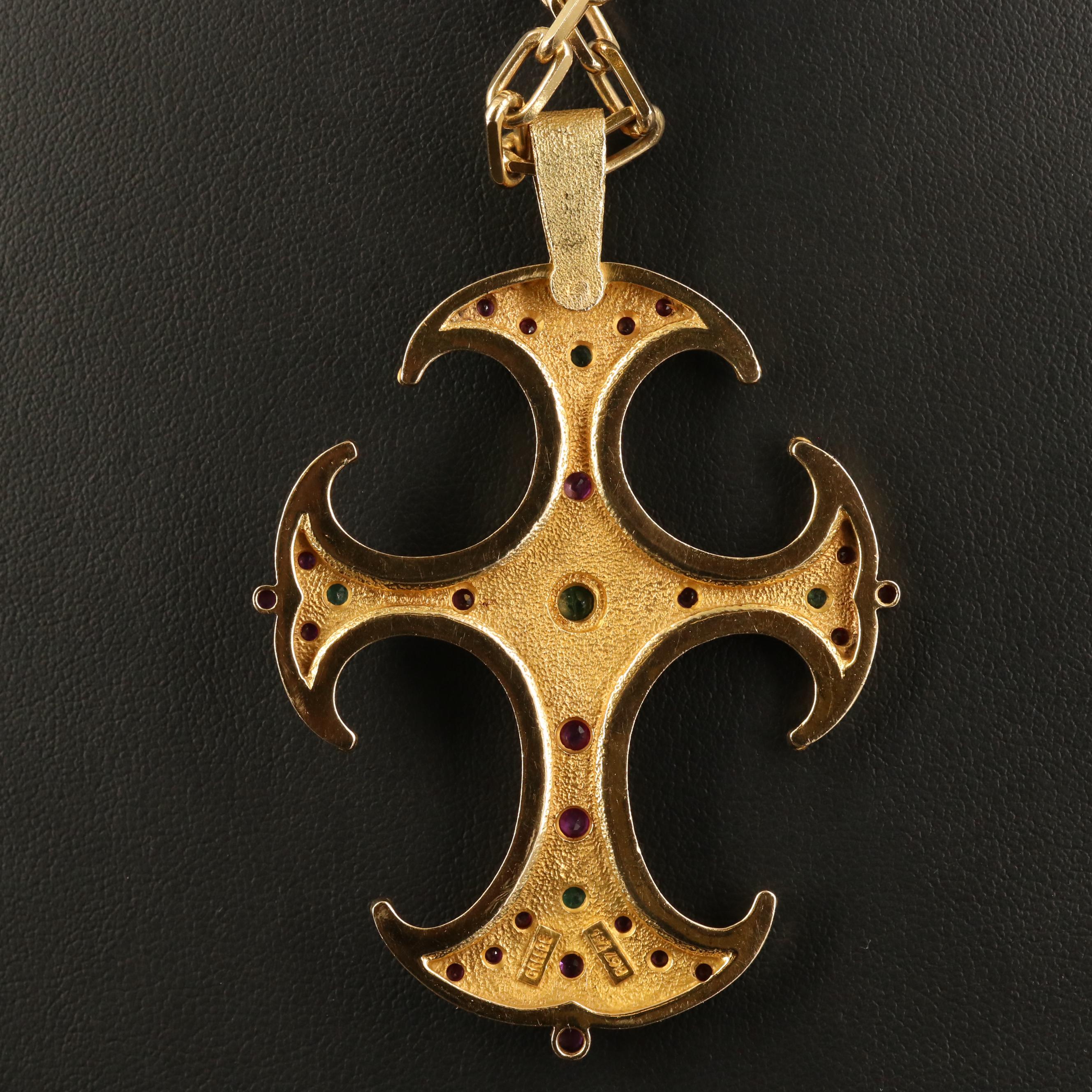 Greek 18K Emerald and Ruby Cercelée Cross Necklace | EBTH