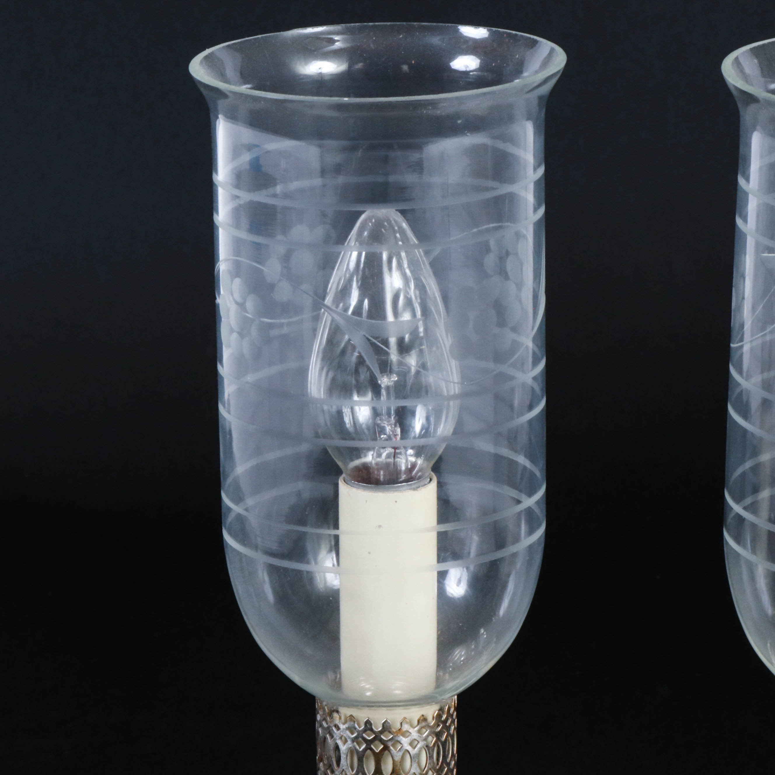 Silver Plated Lattice Table Lamps with Etched Glass Hurricanes | EBTH