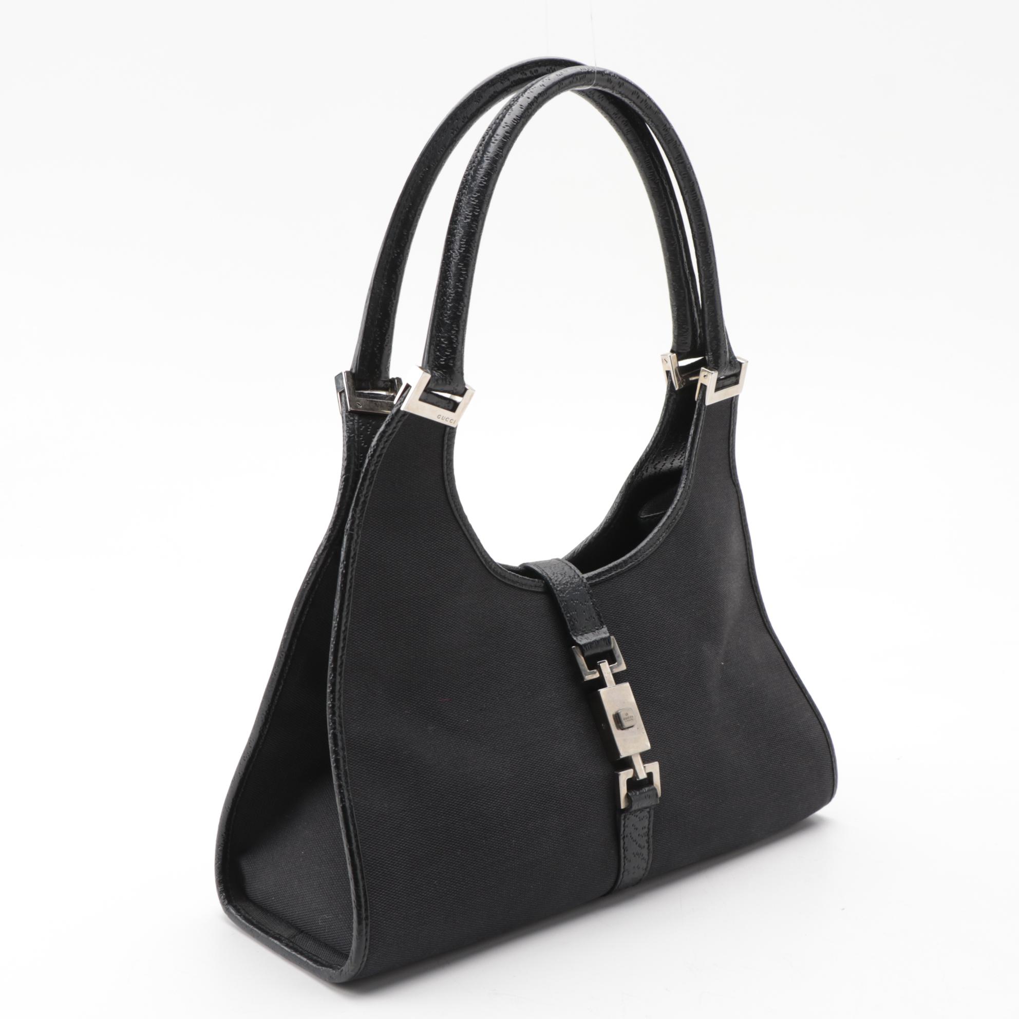 Gucci Bardot Bag in Black Canvas and Textured Leather Trim | EBTH