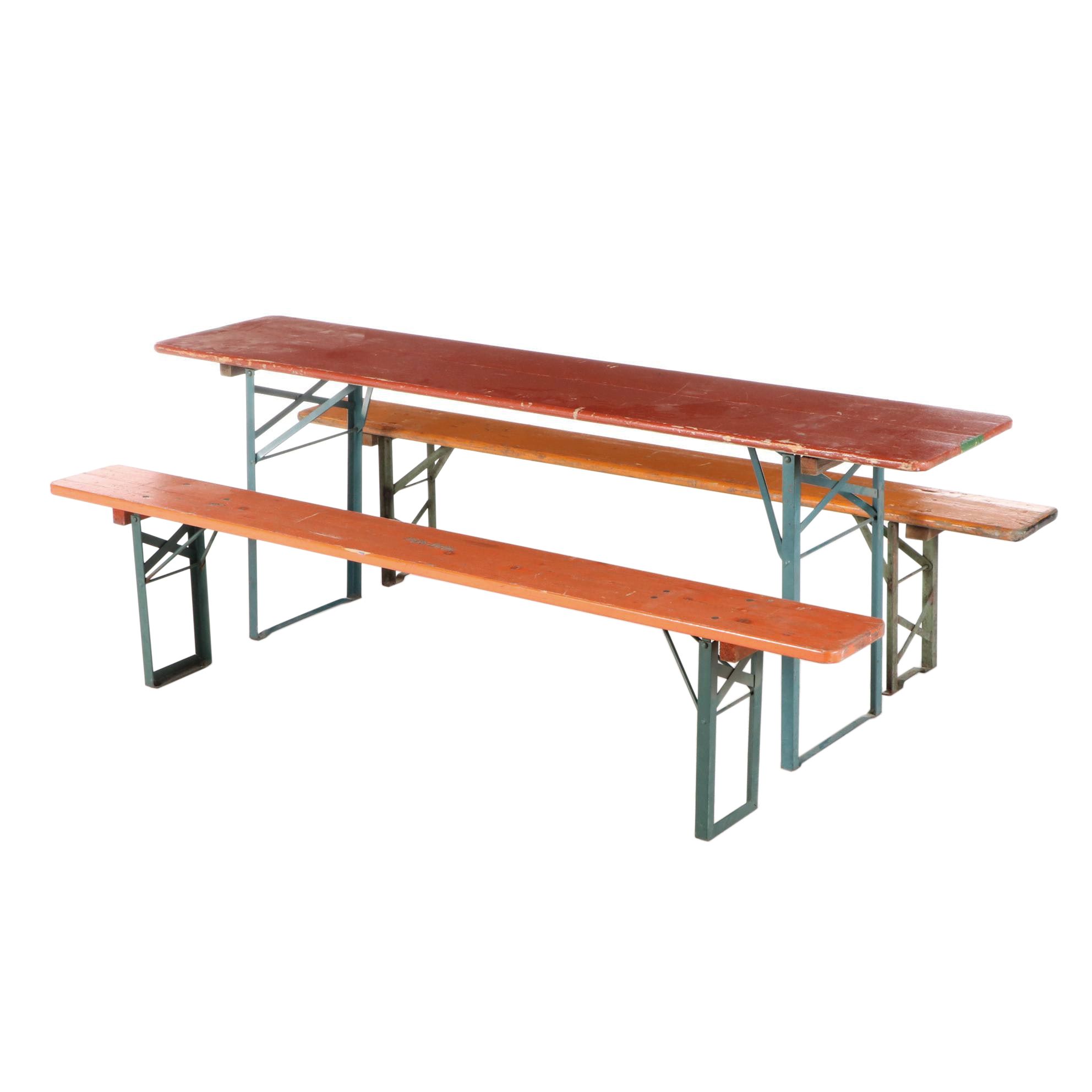 German Polychrome Wood Folding Biergarten Table and Benches | EBTH