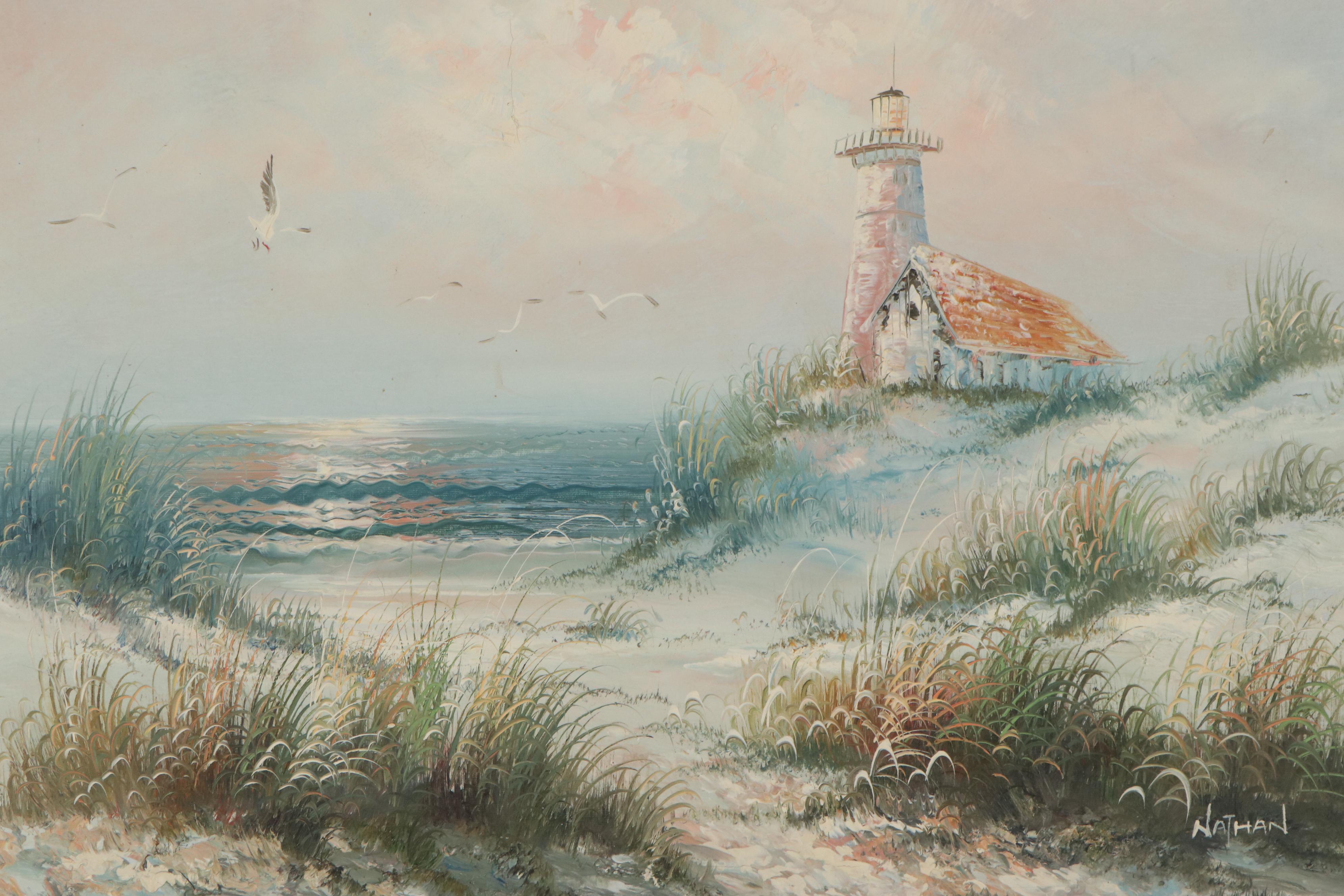 Beach Scene Oil Painting with Lighthouse | EBTH