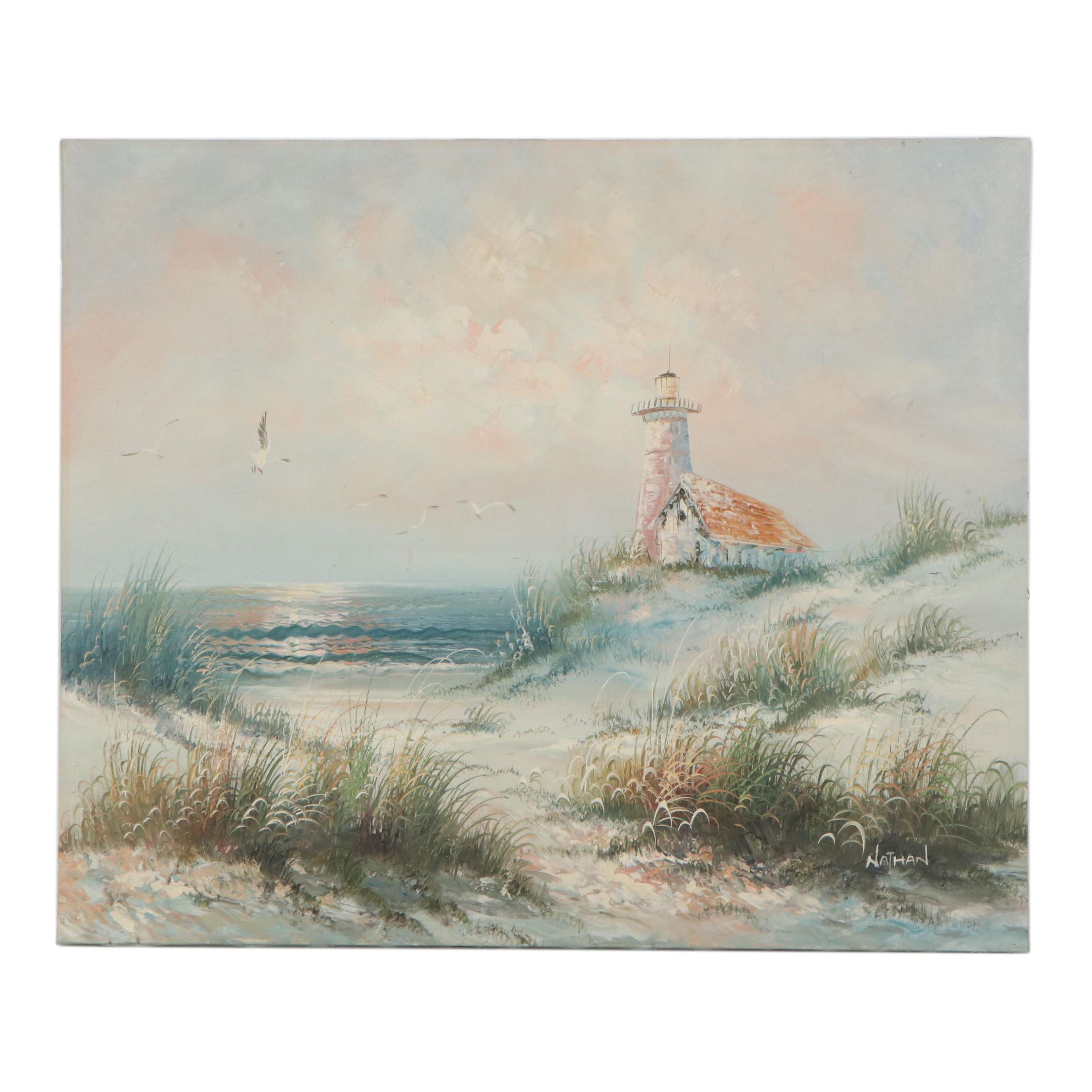 Beach Scene Oil Painting with Lighthouse | EBTH