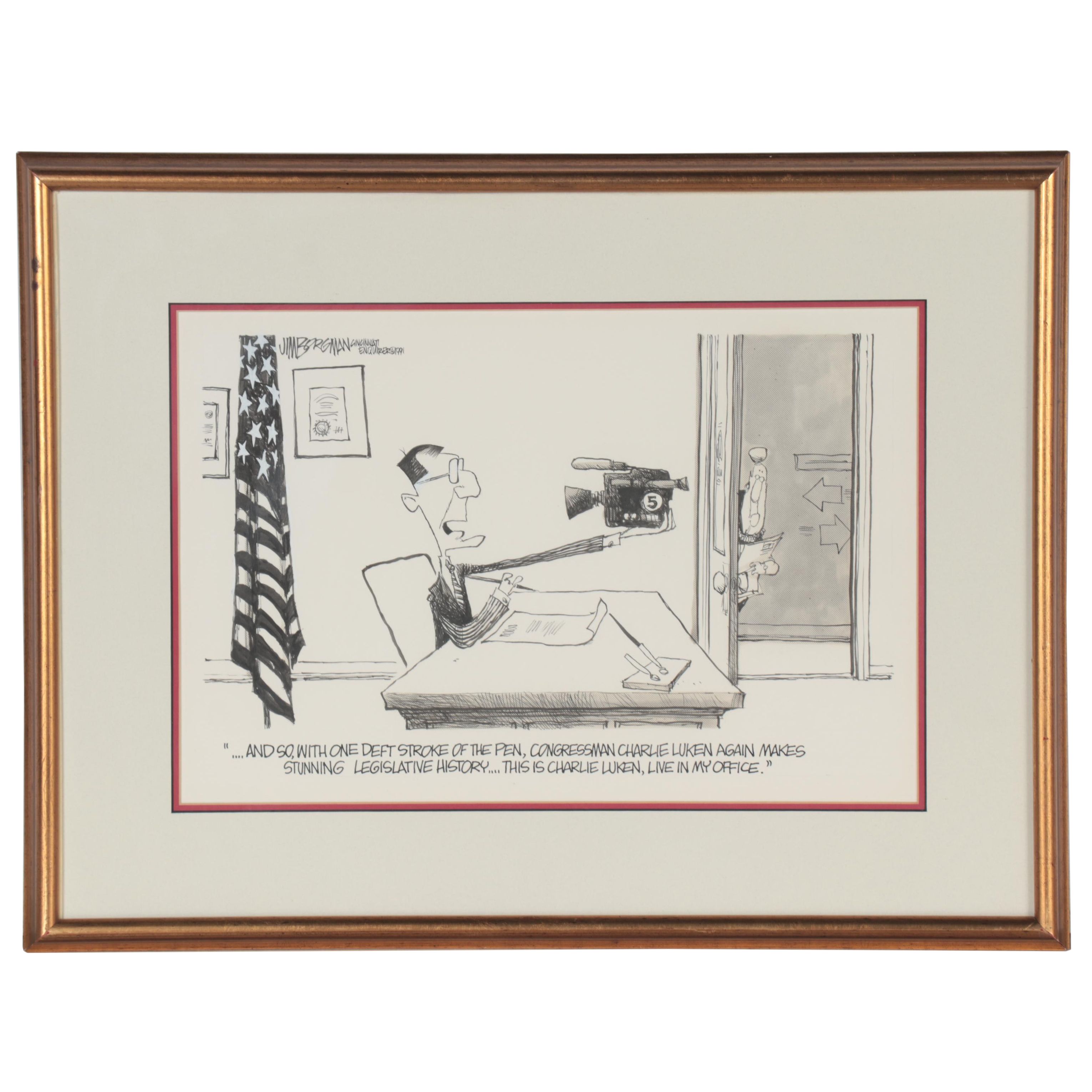 Jim Borgman Cartoon Ink Drawing of Charlie Luken, 1991 | EBTH