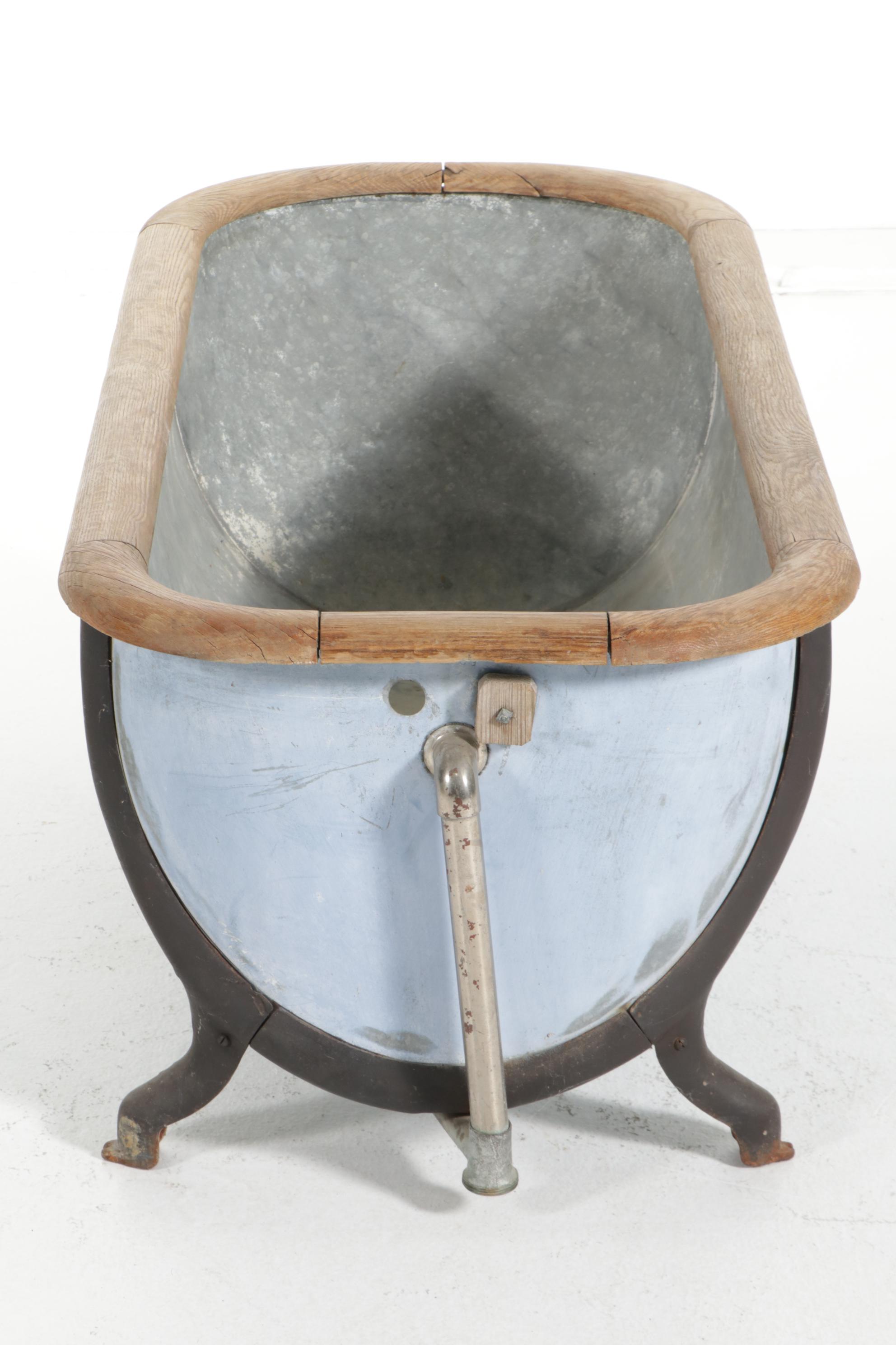 Galvanized Metal Bathtub with Oak Trim and Iron Feet, Early 20th ...