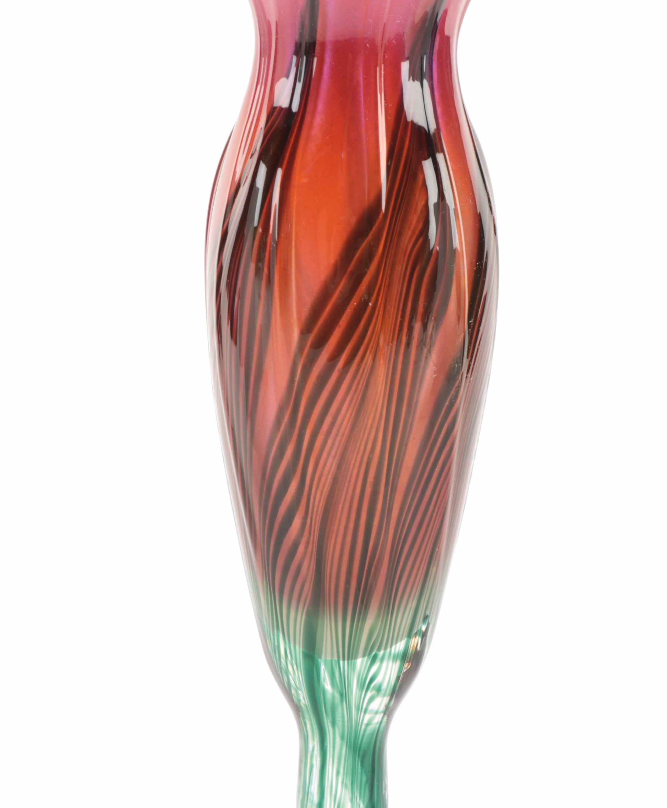 James Lundberg Pulled and Feathered Iridescent Art Glass Vase, 1986 | EBTH