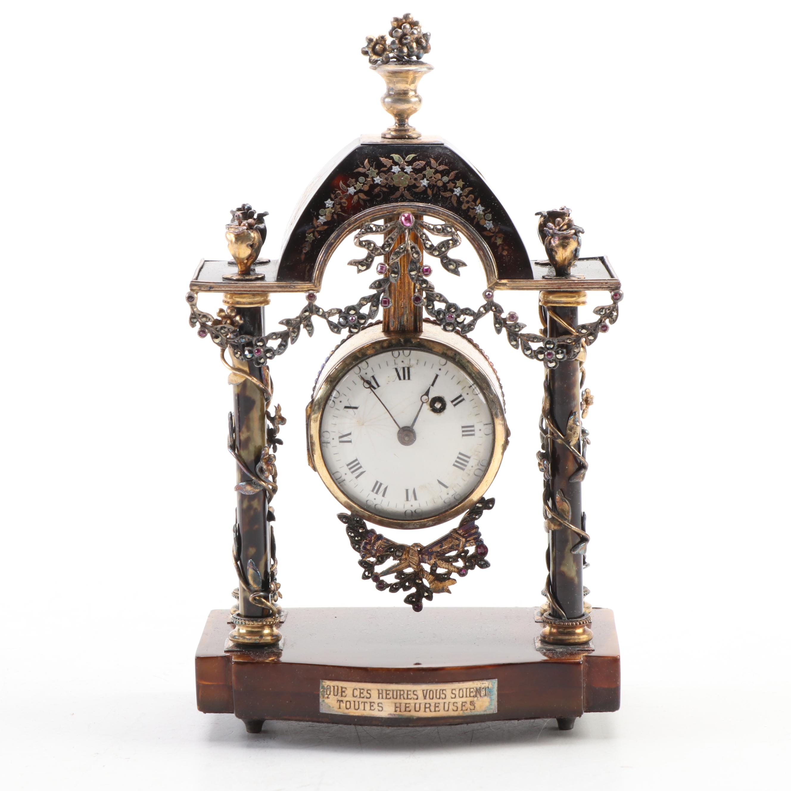 French Neoclassical Style Tortoise Shell and Gemstone Inlay Desk Clock ...