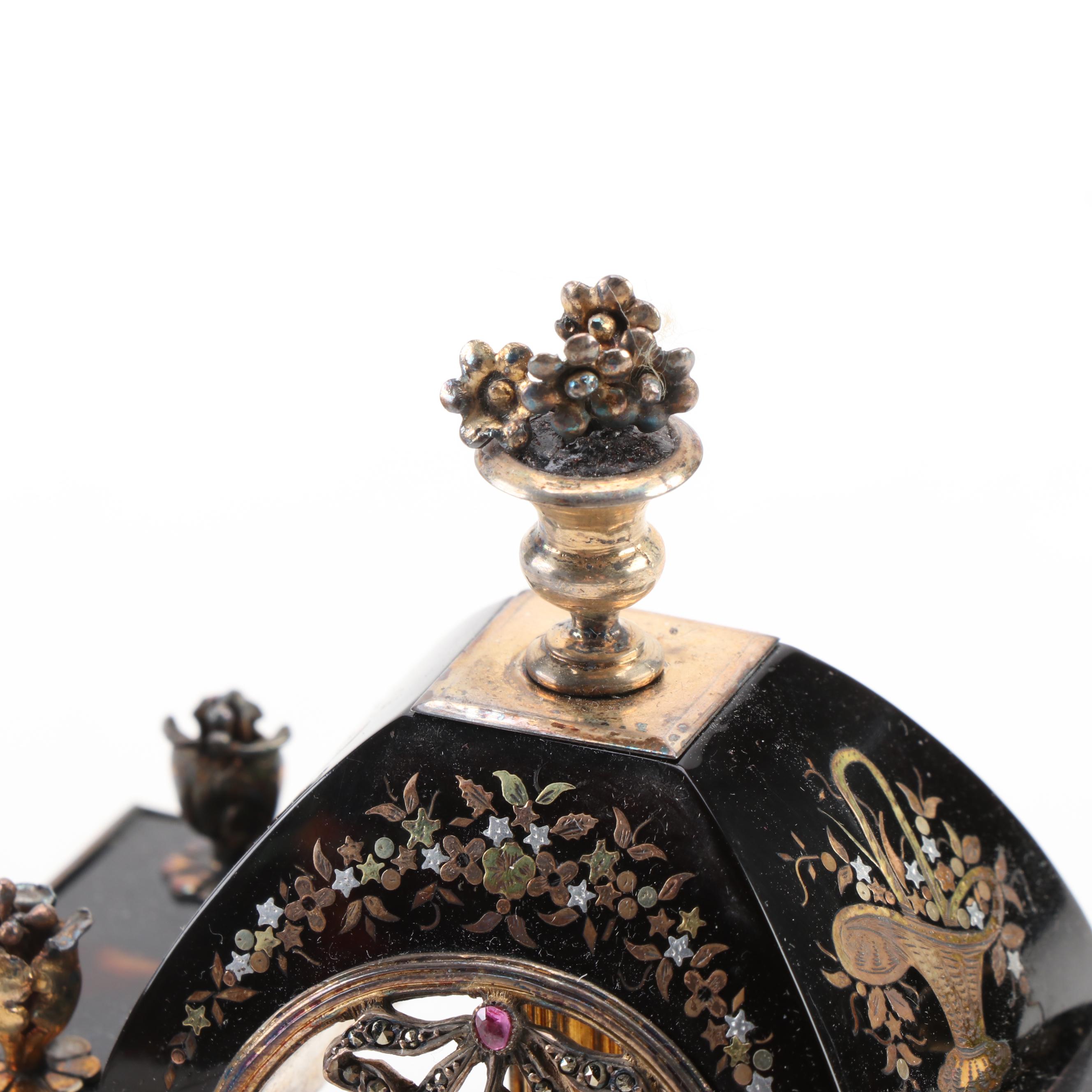 French Neoclassical Style Tortoise Shell and Gemstone Inlay Desk Clock ...