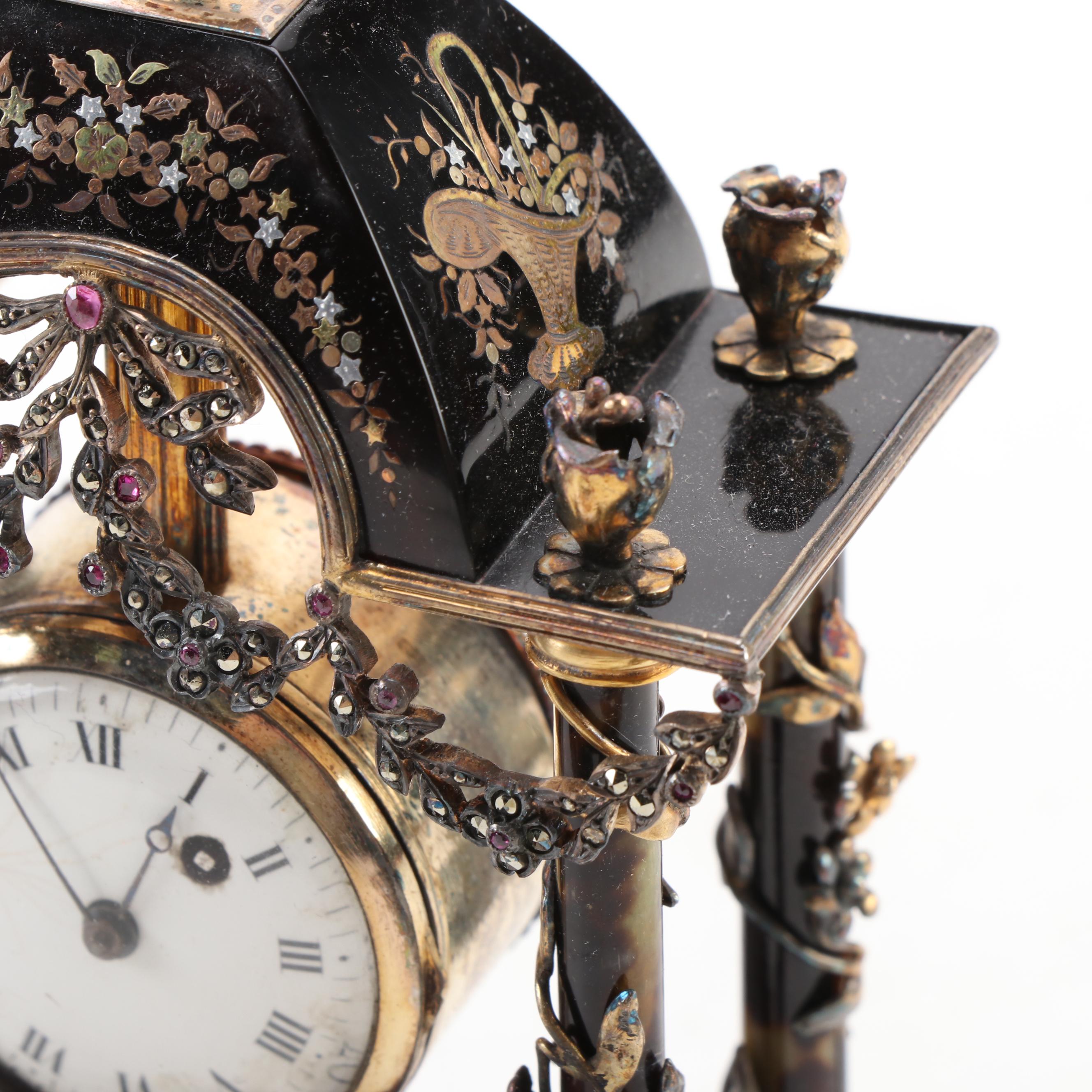 French Neoclassical Style Tortoise Shell and Gemstone Inlay Desk Clock ...